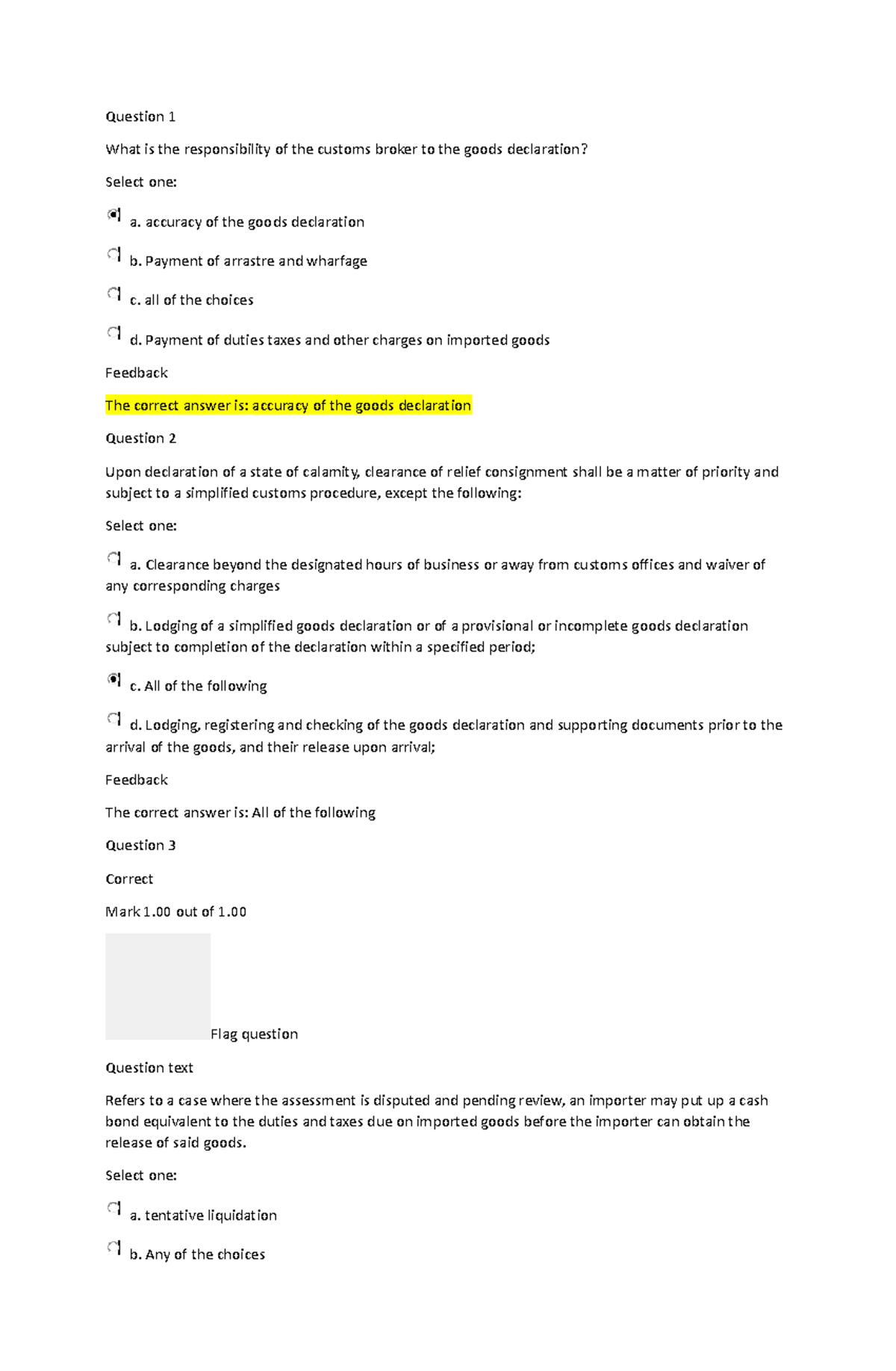 All-custlaw-exam - Lecture - Question 1 What is the responsibility of ...