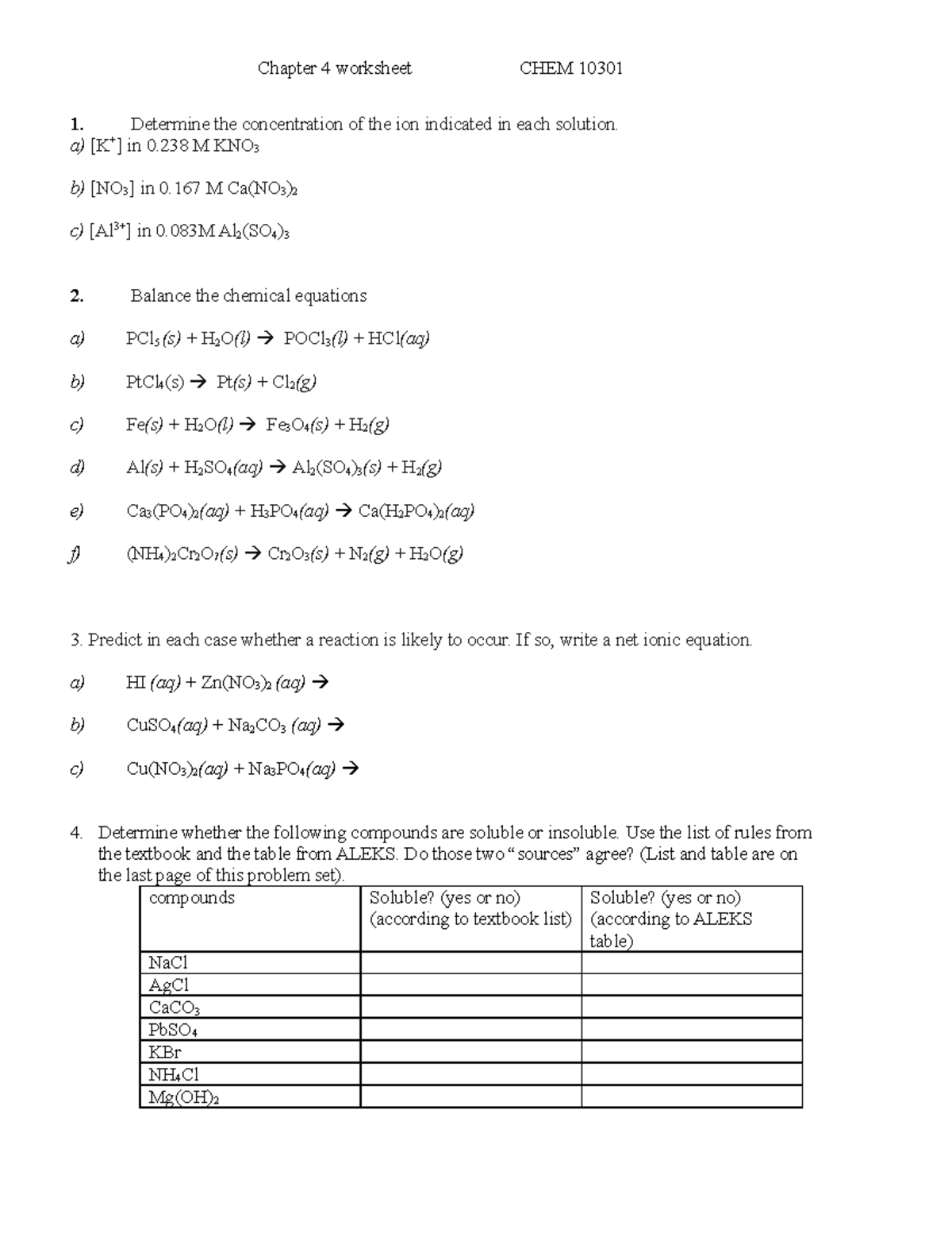 Worksheet Ch421 - for quiz - Chapter 4 worksheet CHEM 10301 Determine ...