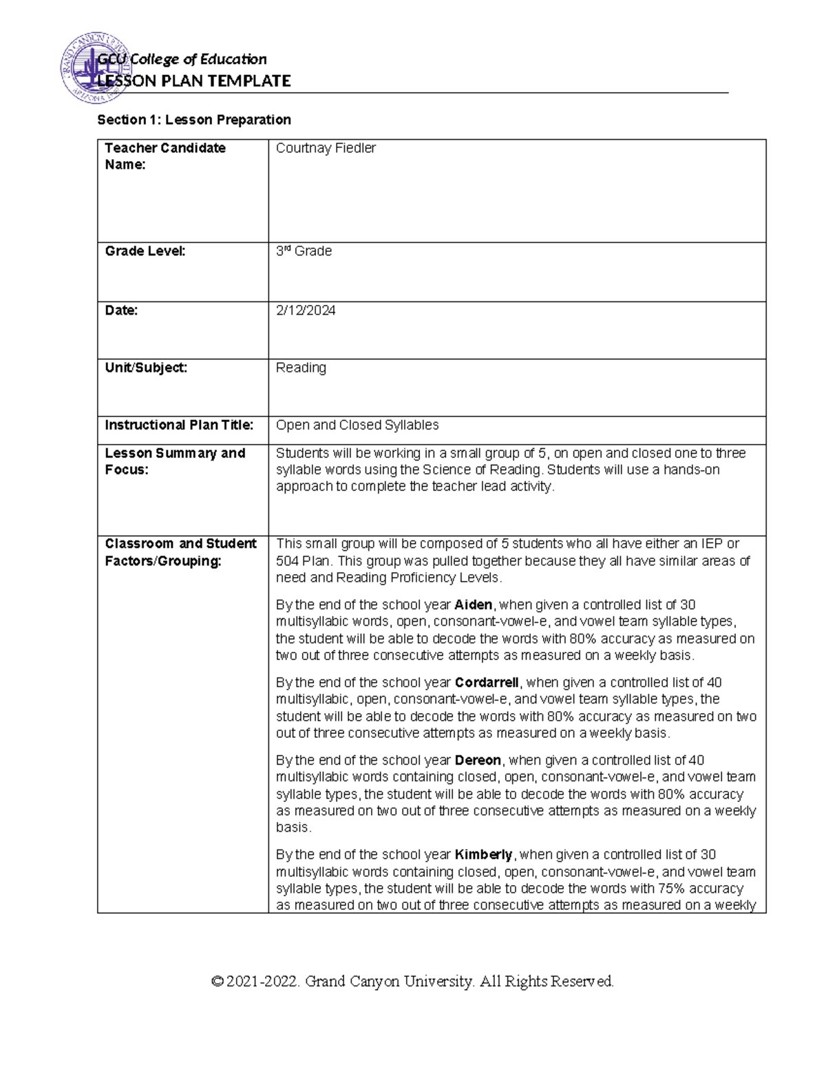 Benchmark SPD 578 - LESSON PLAN TEMPLATE Section 1: Lesson Preparation ...