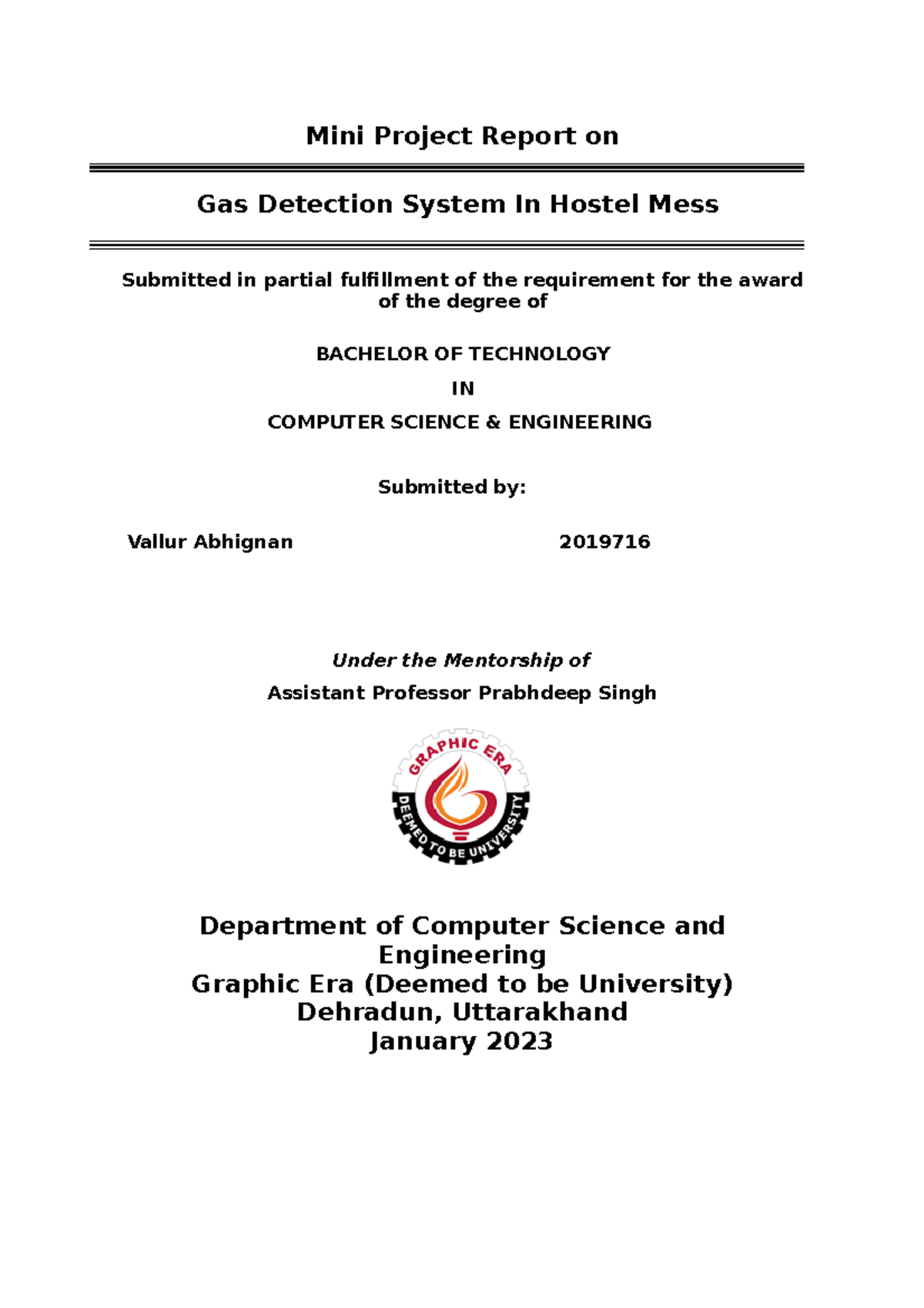 mini project 2019 - Mini Project Report on Gas Detection System In Hostel Mess Submitted in ...