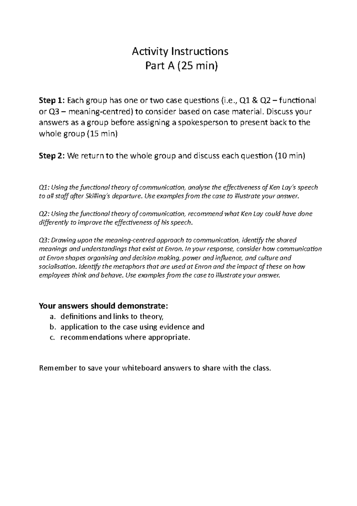 Communication - Student Activity Handout - Activity Instructions Part A ...