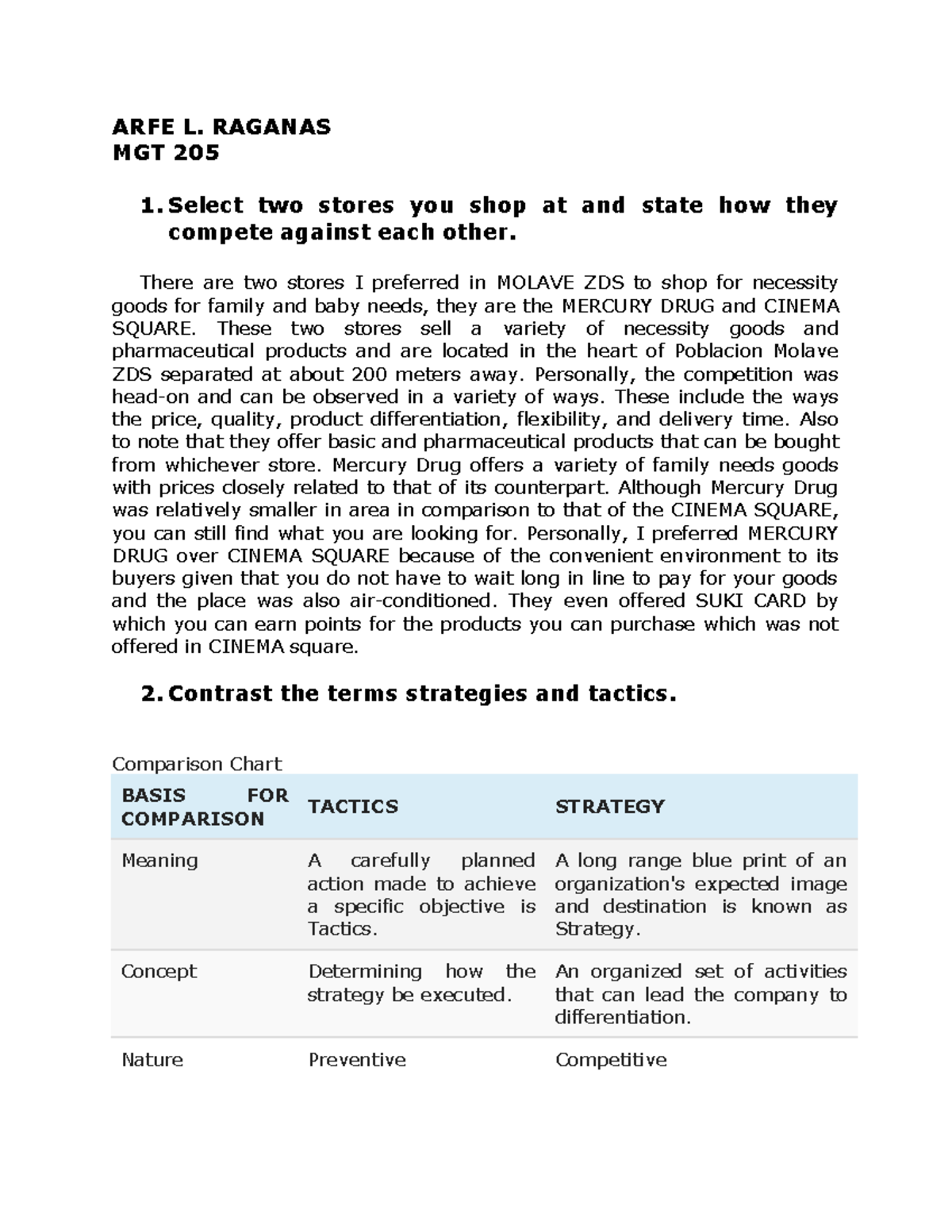 205 Assignment - dad - ARFE L. RAGANAS MGT 205 1 two stores you shop at ...