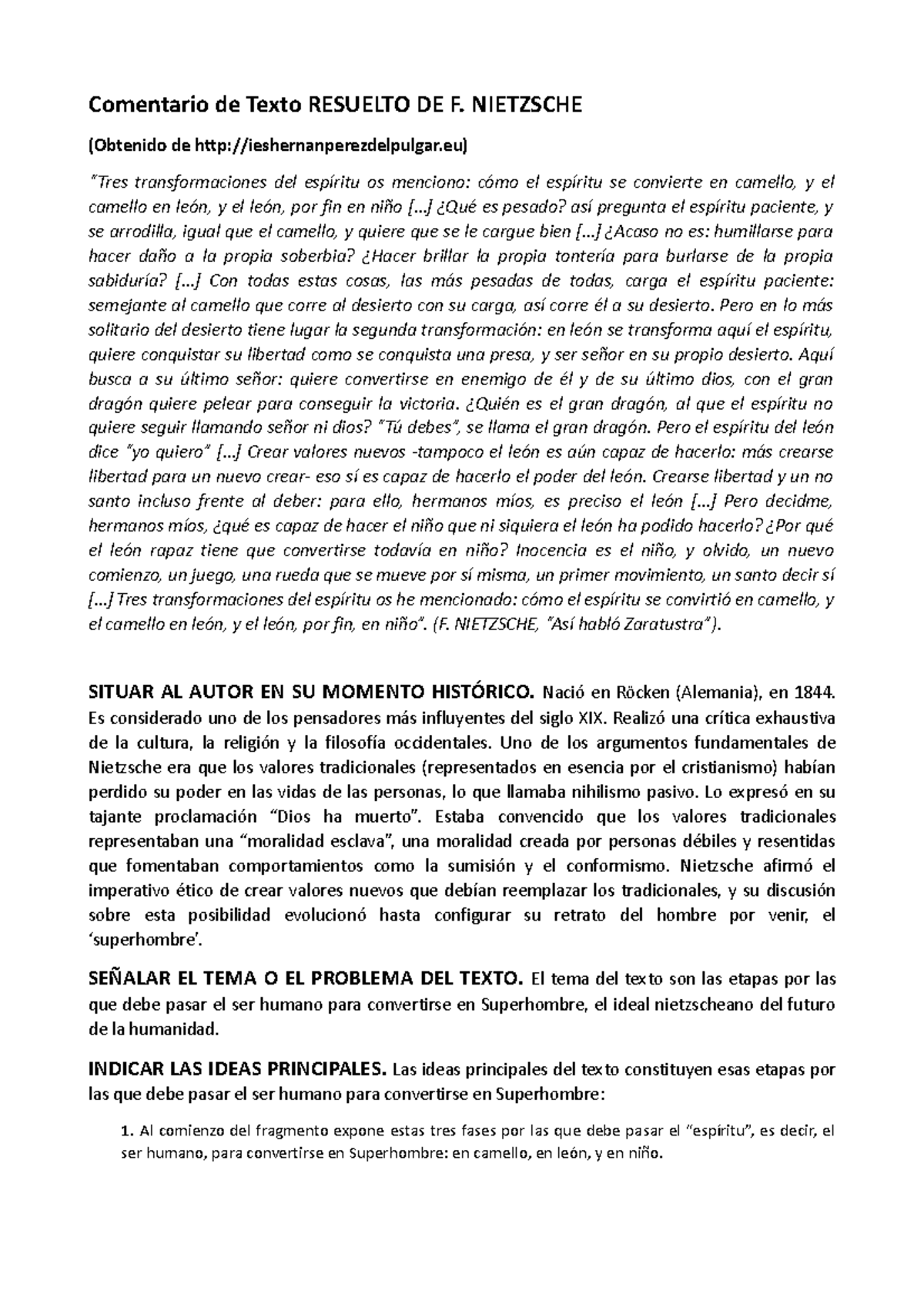 Comentarios y conceptos - Comentario de Texto RESUELTO DE F. NIETZSCHE (Obtenido de - Studocu
