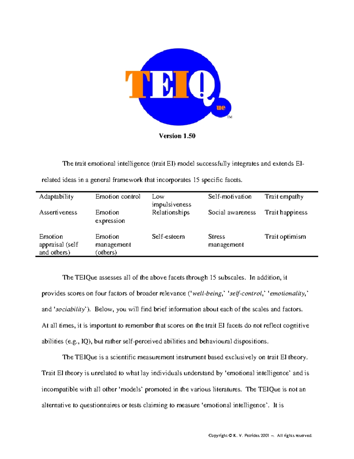 TEIQue interpretations - Version 1. The trait emotional intelligence ...