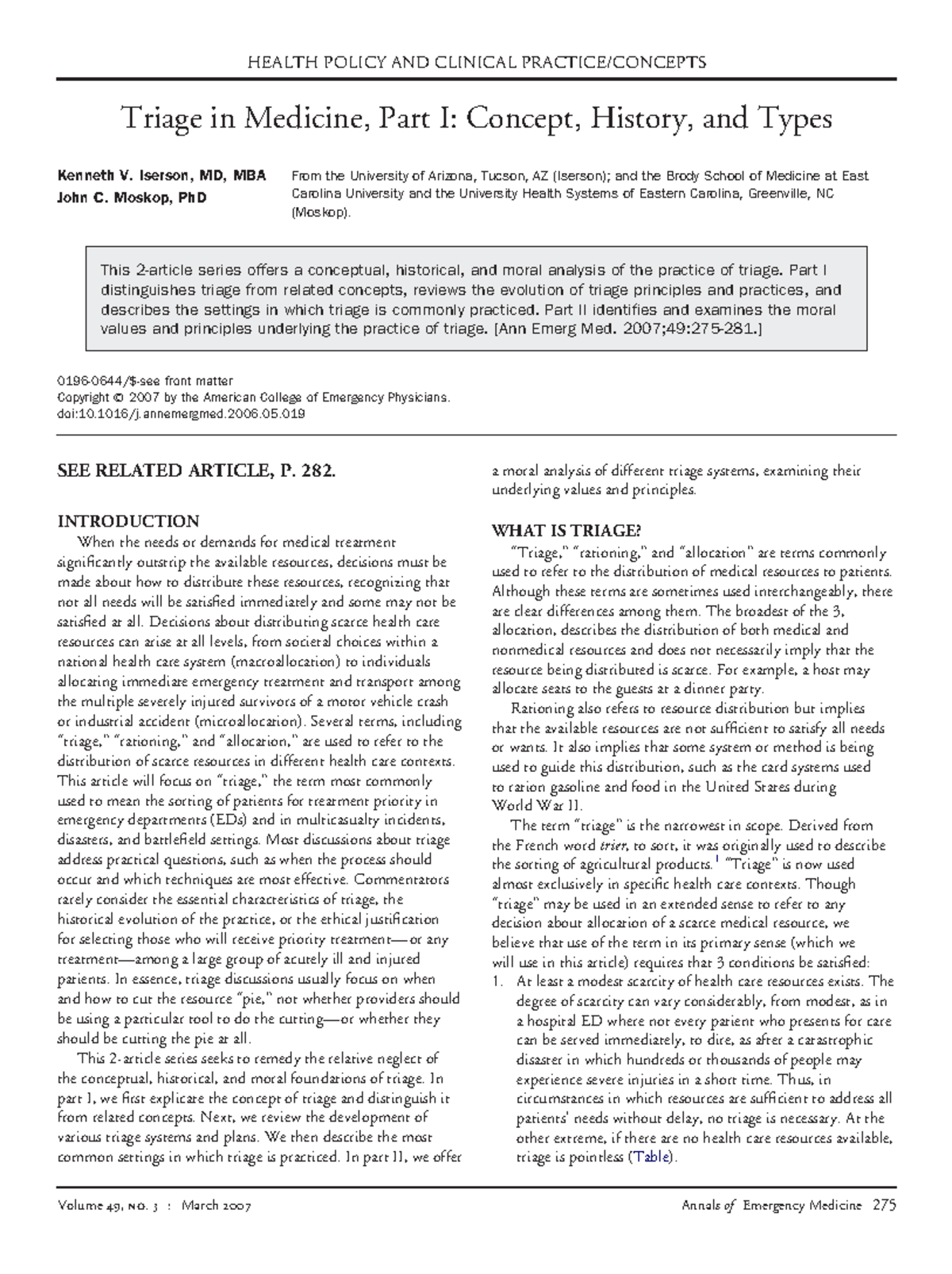 Triage ethics part 1 - HEALTH POLICY AND CLINICAL PRACTICE/CONCEPTS Triage in Medicine, Part I ...