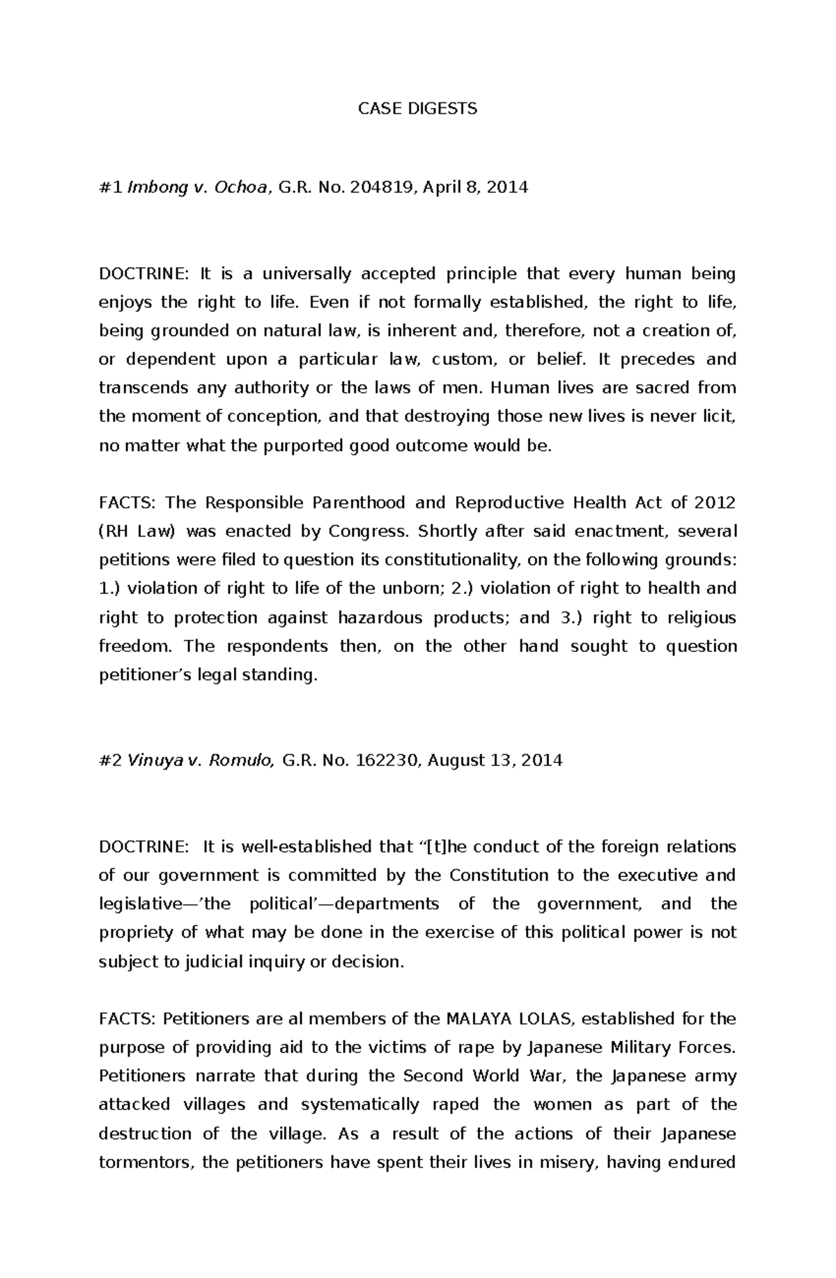 CASE Digests - digest - CASE DIGESTS #1 Imbong v. Ochoa, G. No. 204819 ...