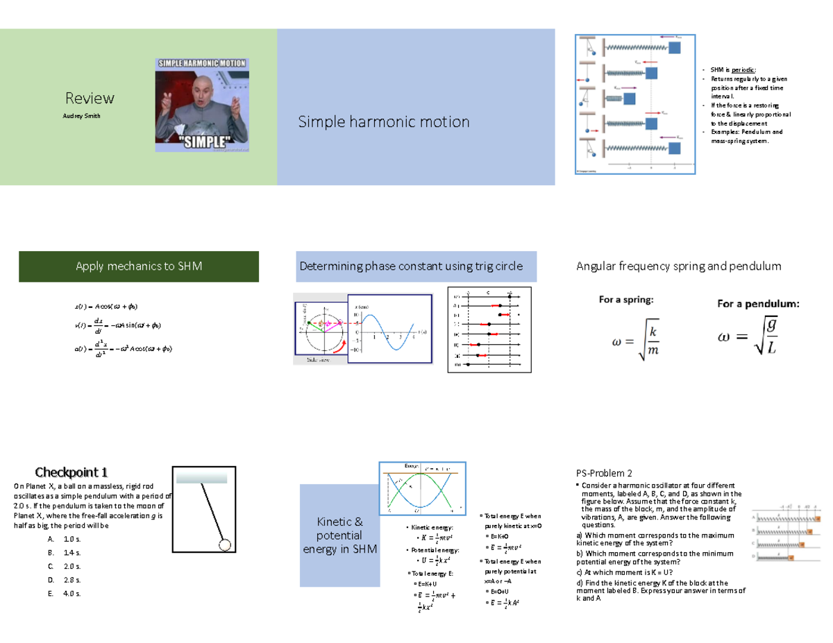 Waves Final Review 1 - Review Audrey Smith Simple harmonic motion - SHM is periodic: - Returns ...