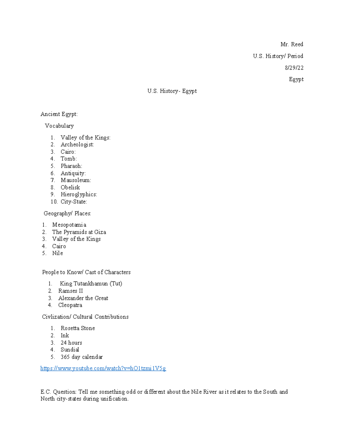 Egypt+Notes - its notes - Mr. Reed U. History/ Period 8/29/ Egypt U ...