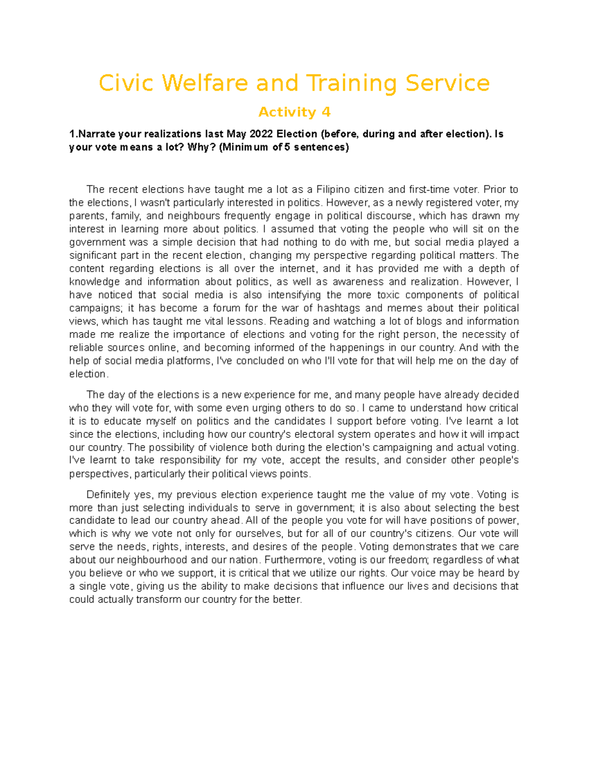 Activity 4 - CWTS - Civic Welfare and Training Service Activity 4 1 ...