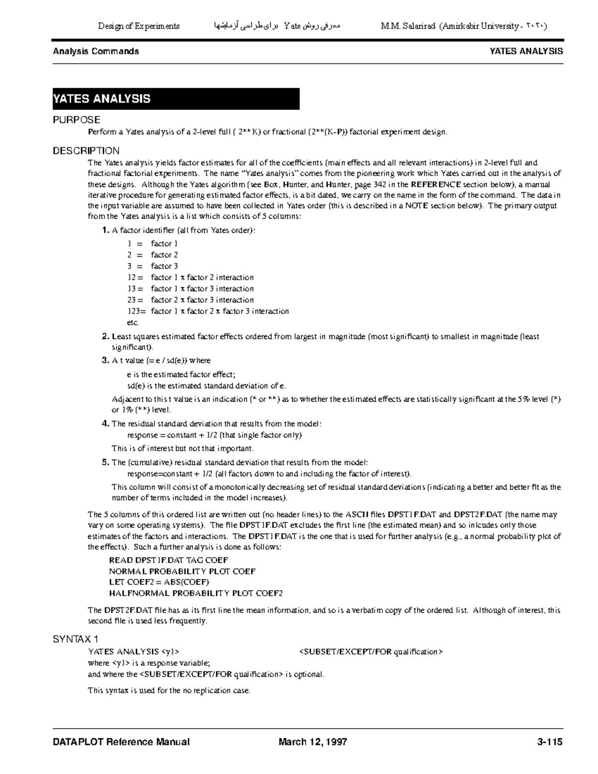 Yates an Analysis Commands- Yates Analysis - for Do E Class 2020 ...