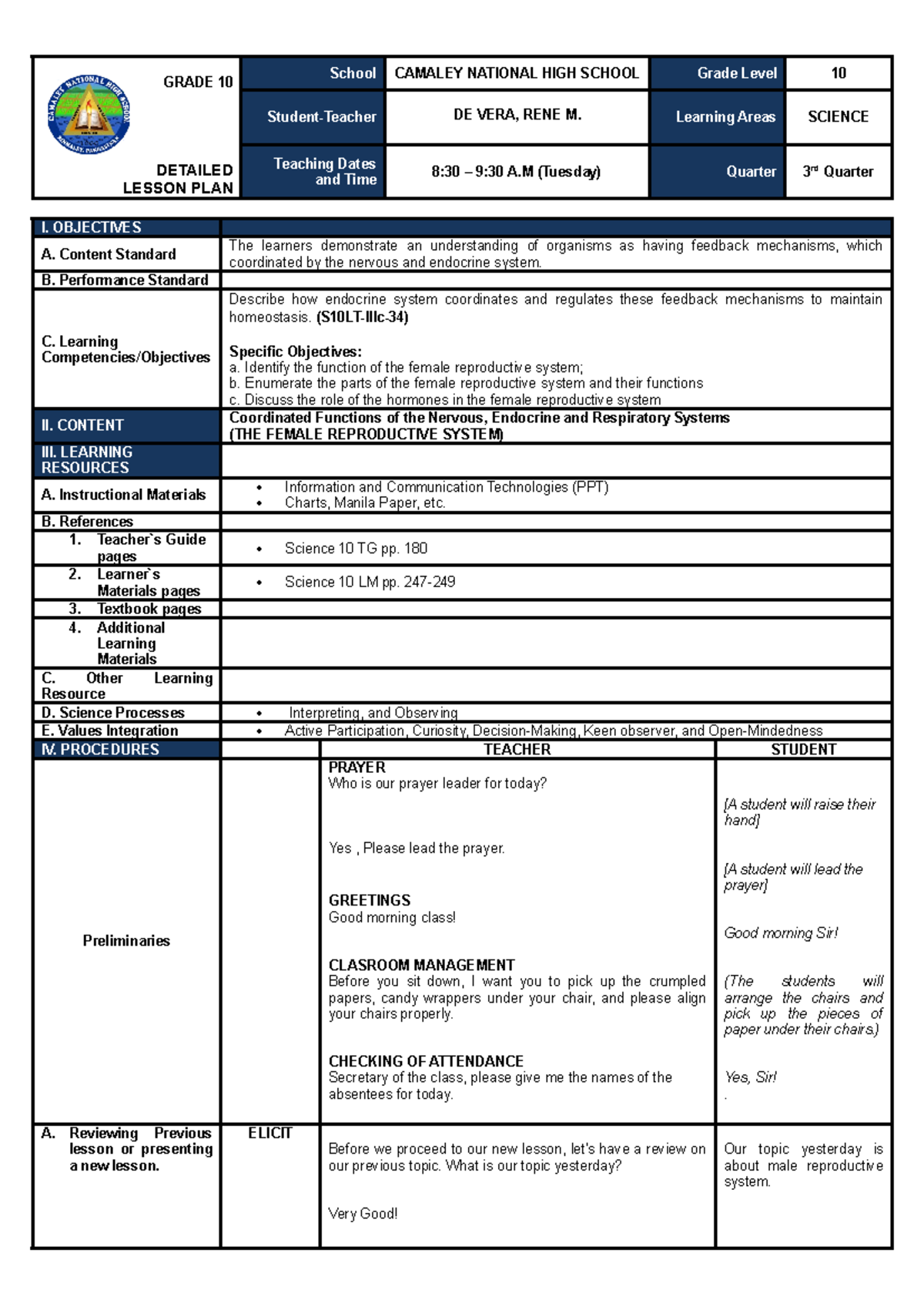 DLP Female- Reproductive System - GRADE 10 DETAILED LESSON PLAN School ...