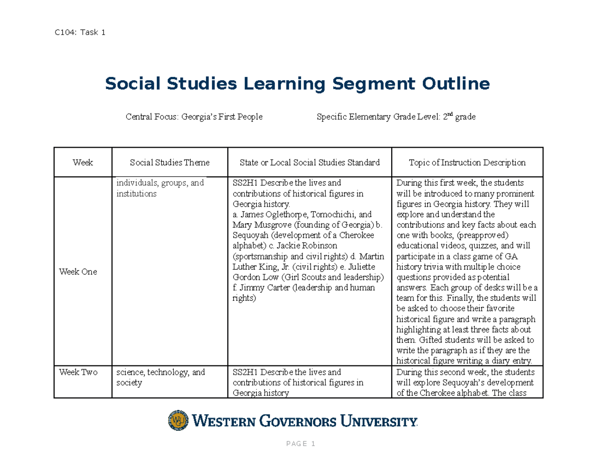Social Studies Learning Segment Outline - C104: Task 1 Social Studies ...