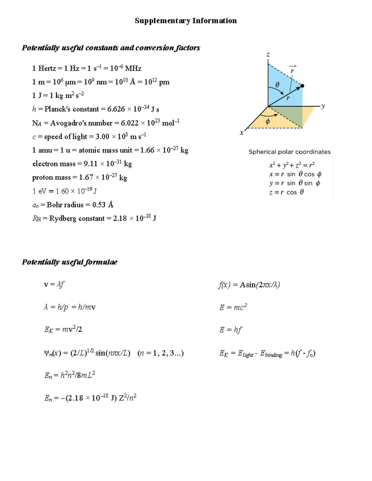 2023W1 CHEM 121 Formula Sheet and Periodic Table - Supplementary ...