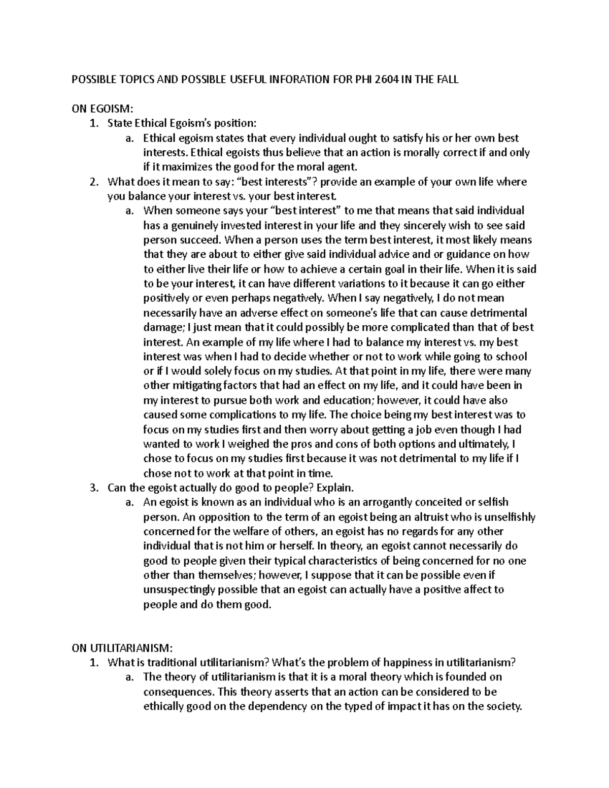 Possible Topics AND Possible Useful Inforation FOR PHI 2604 IN THE FALL ...
