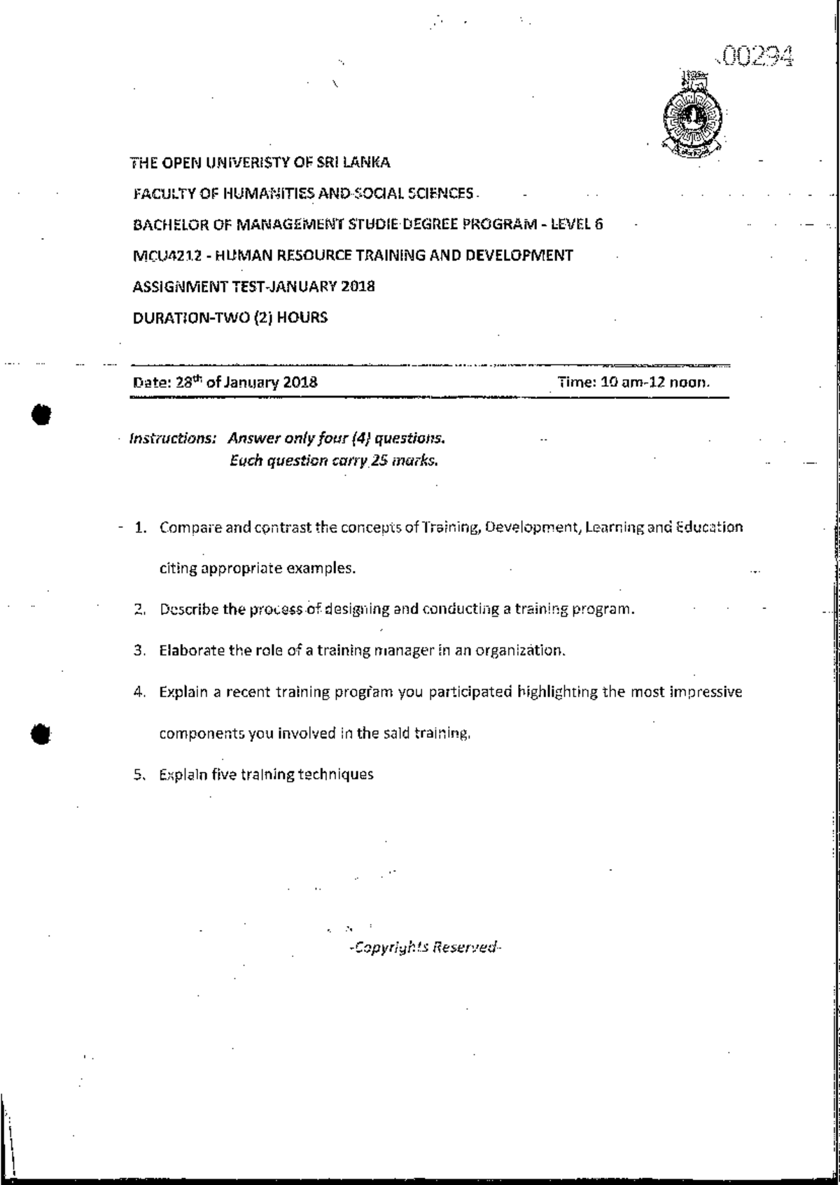 MCU4212 CAT 2017 - Notes - 00294 THE OPEN UNIVERISTY OF SRI LANKA ...
