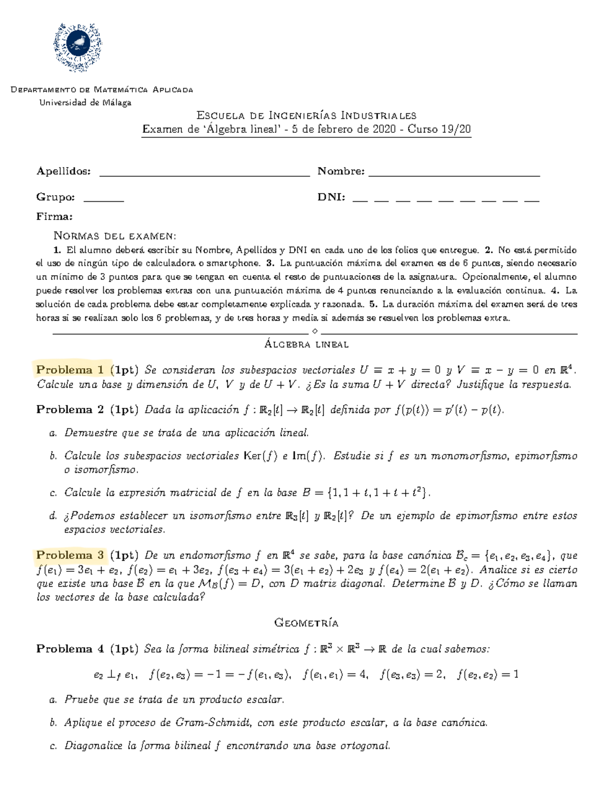 Ex.Algebra 2020 - Departamento de Matem ́atica Aplicada Universidad de ...