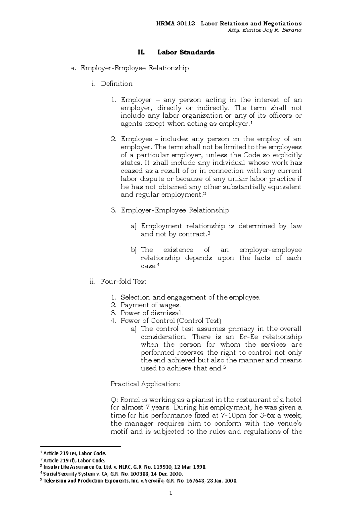 2-Labor-Standards - Labor Law - Labor Standards - Atty. Eunice Joy R. Berana II. Labor Standards ...