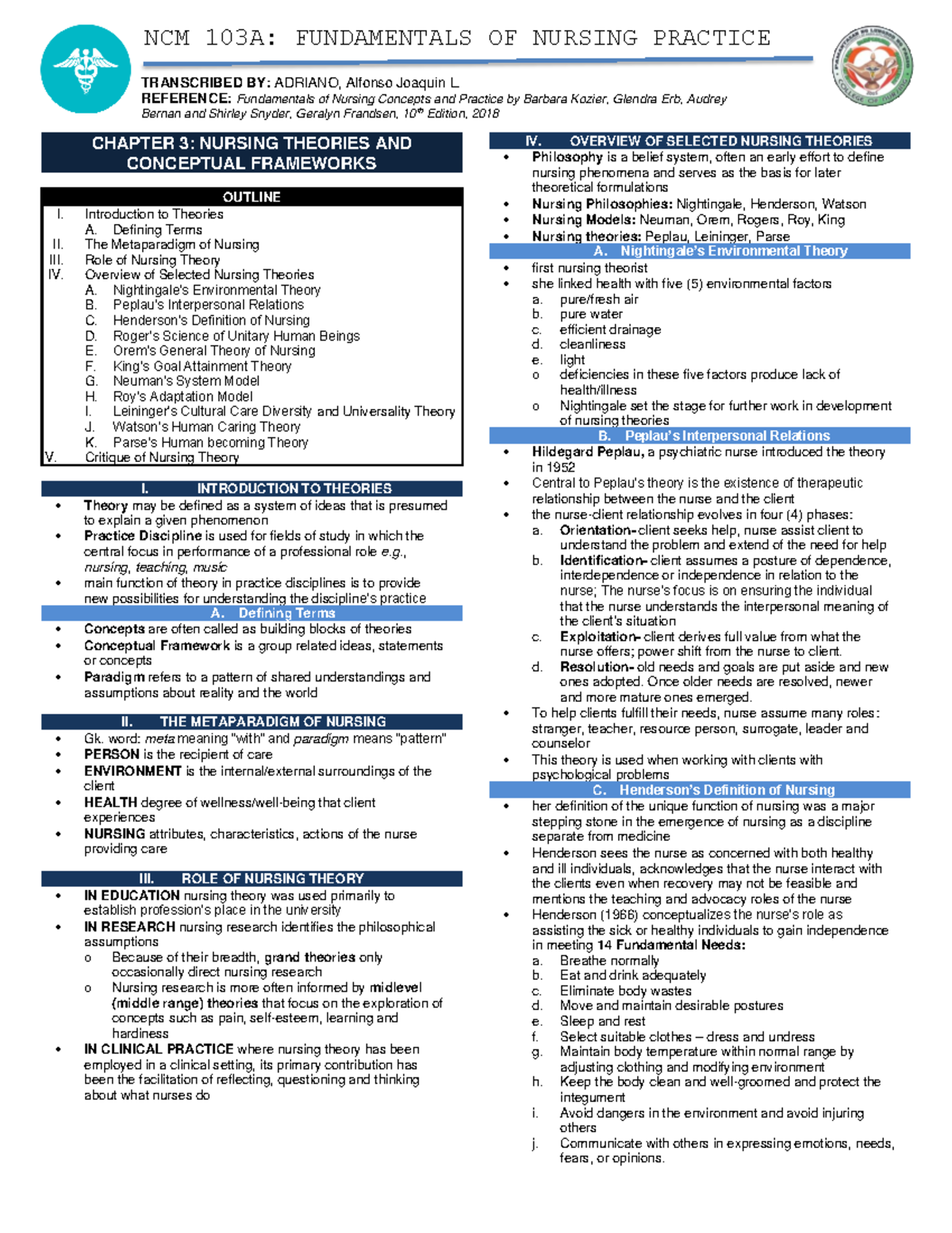 Chapter 3 - Transcription Notes - NCM 103A: FUNDAMENTALS OF NURSING ...