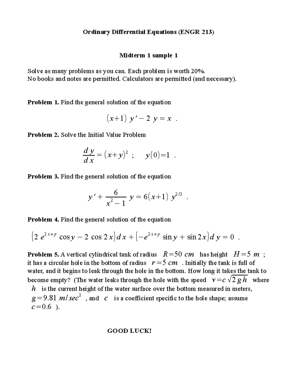 Midterm 1 Sample 1 - A.Shnir - Ordinary Differential Equations (ENGR ...