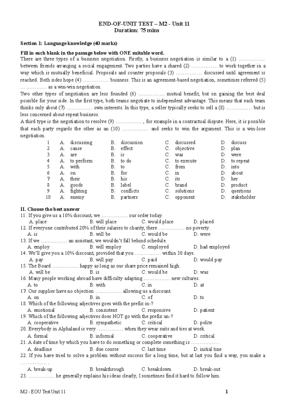 HP2.EOU TEST U11 Pre Inter - END-OF-UNIT TEST – M2 - Unit 11 Duration ...