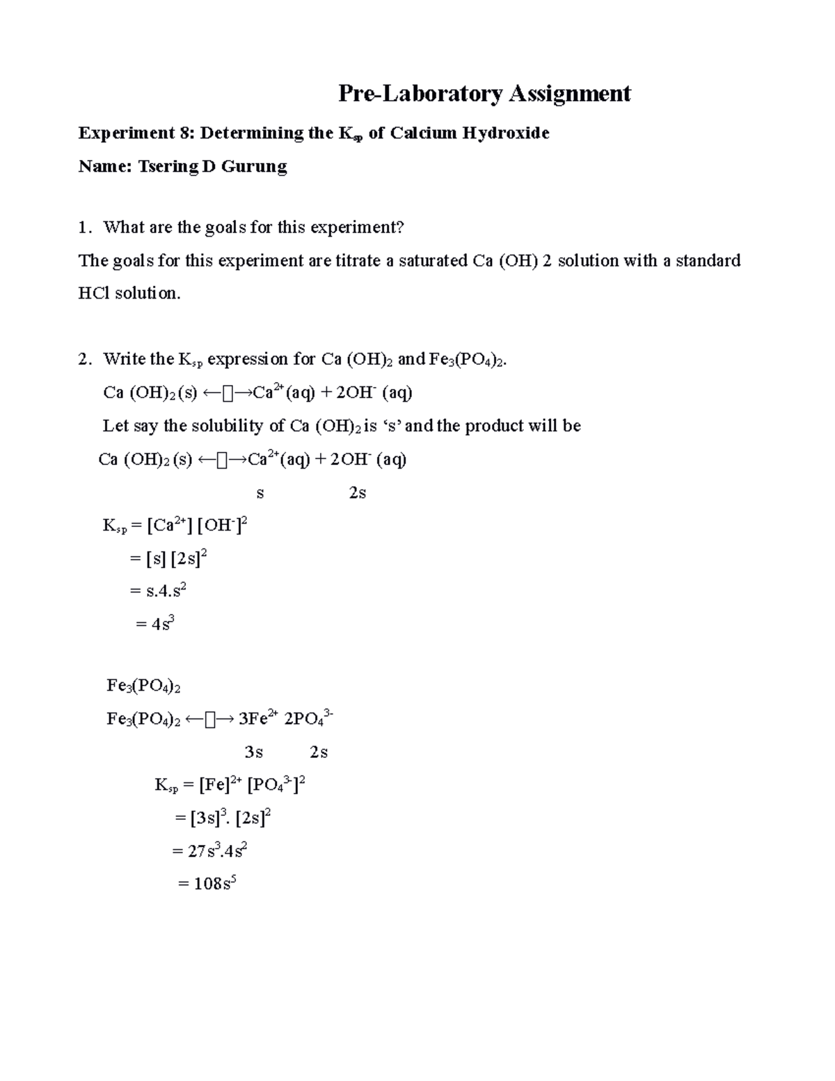 Pre-Laboratory Assignment-Experiment-8- Determining the Ksp of Calcium ...