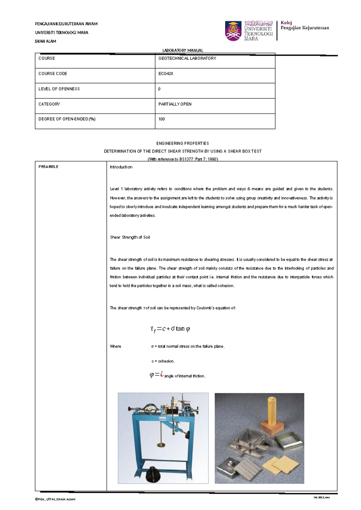 LAB 4 Direct Shear Box Test Level 0 Manual & Template Data Set 1 ...