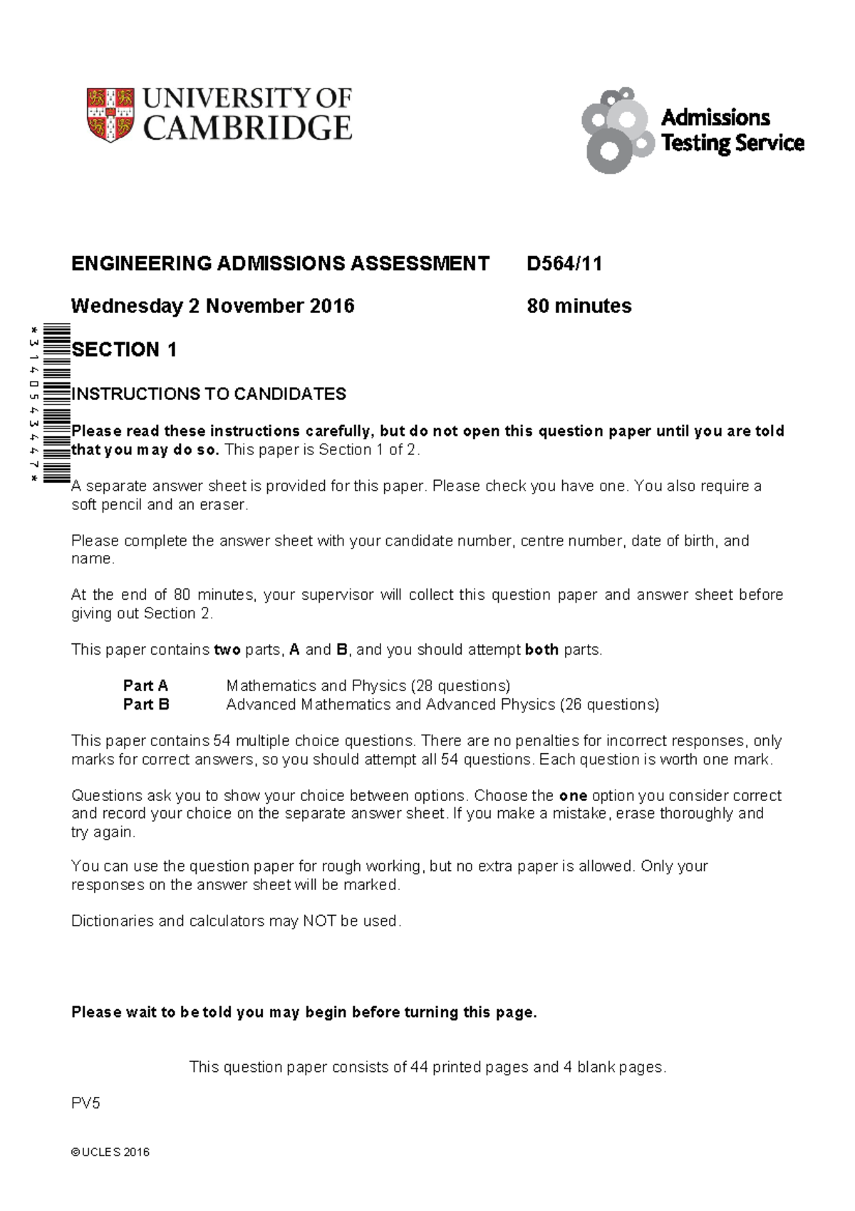 Engaa 2016 S1 Question Paper - © UCLES 2016 ENGINEERING ADMISSIONS ...