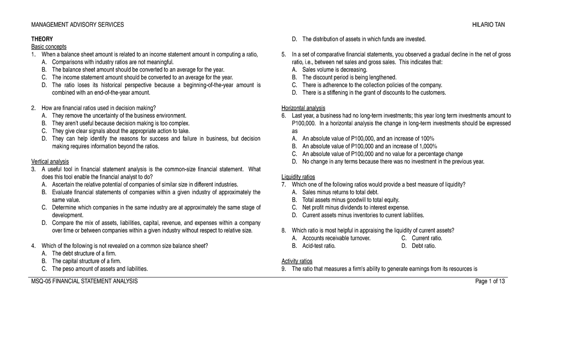 Mas-fs Analysis reviewer - THEORY Basic concepts When a balance sheet ...