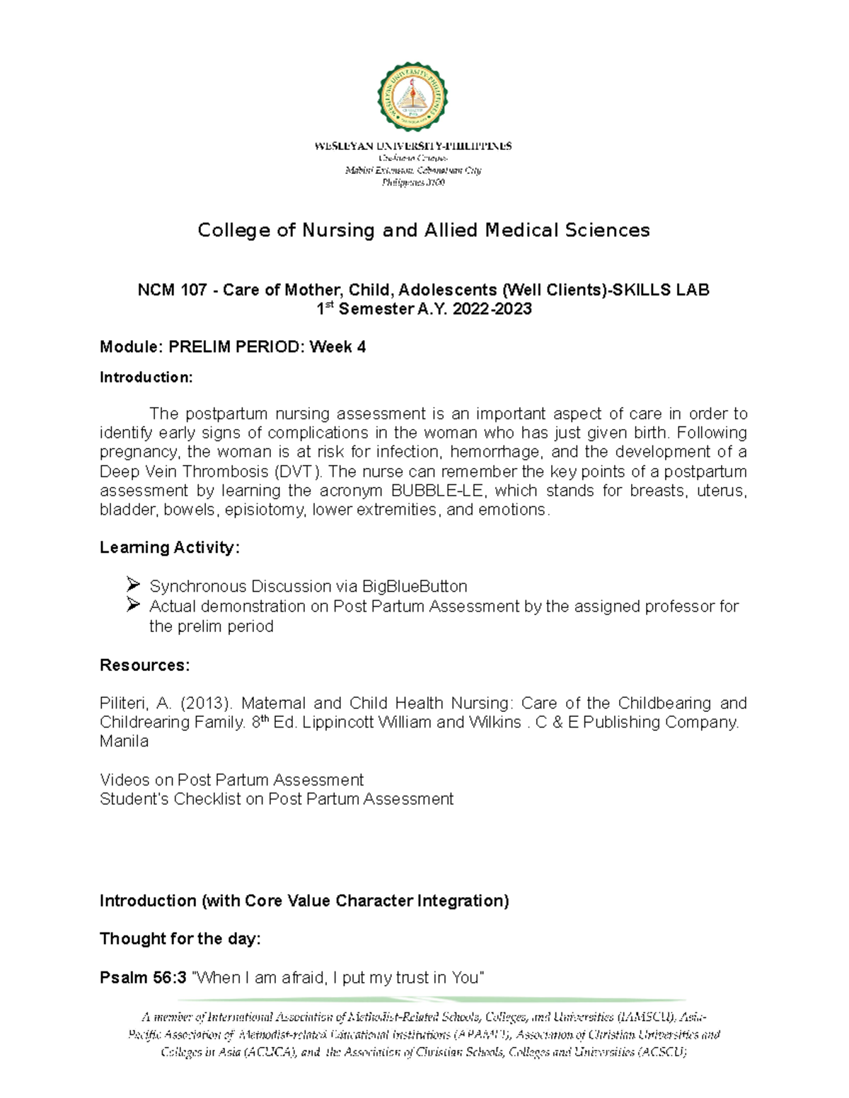 Ncm 107 skills lab week 4 module - College of Nursing and Allied ...