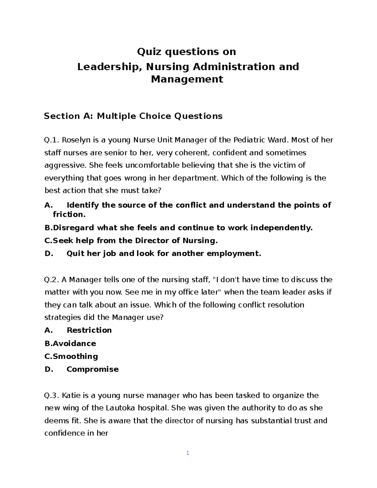 Quiz - Tutorial questions. - Quiz questions on Leadership, Nursing ...