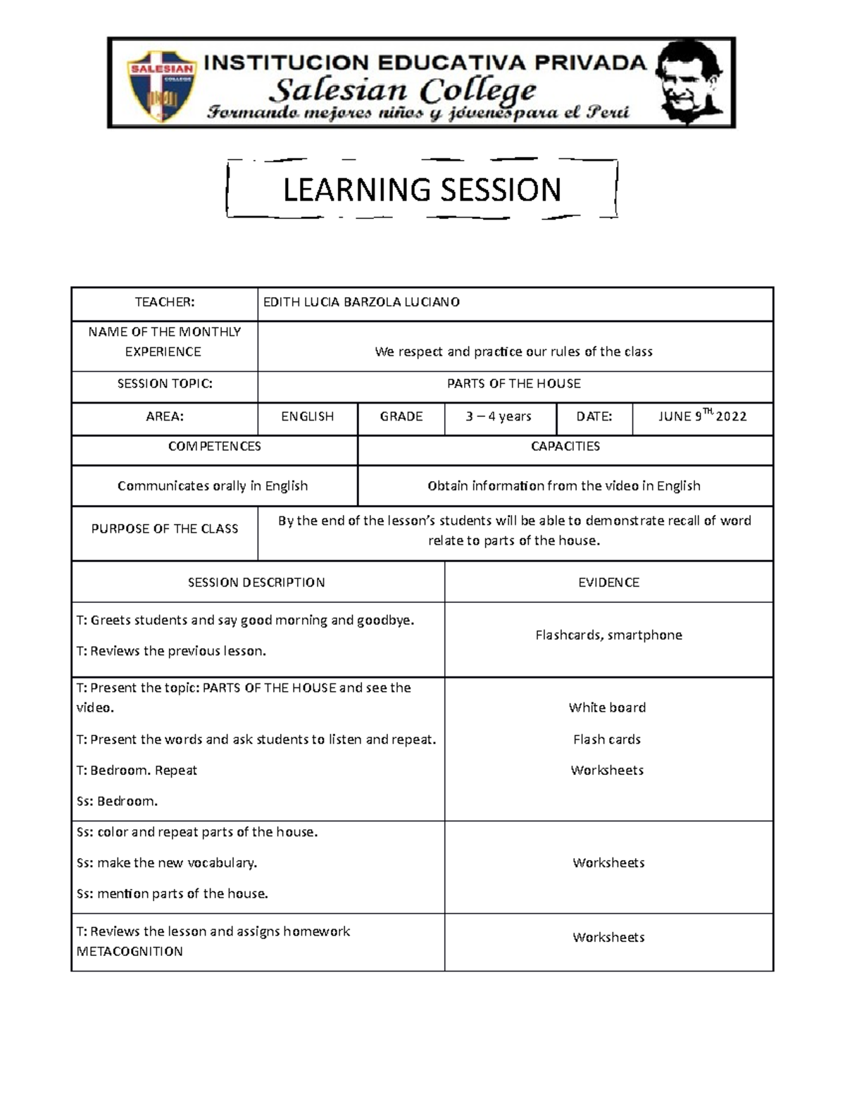 Learning session 3-4 years - LEARNING SESSION TEACHER: EDITH LUCIA ...