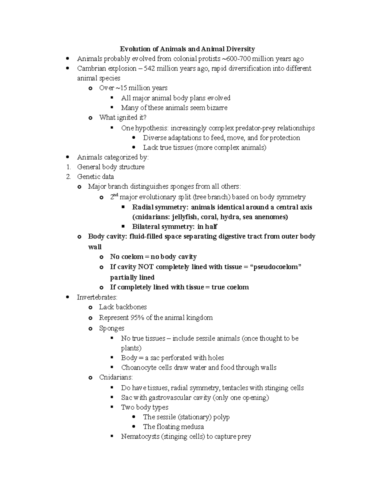 Intro to Biology, Week 12 Notes - Evolution of Animals and Animal ...