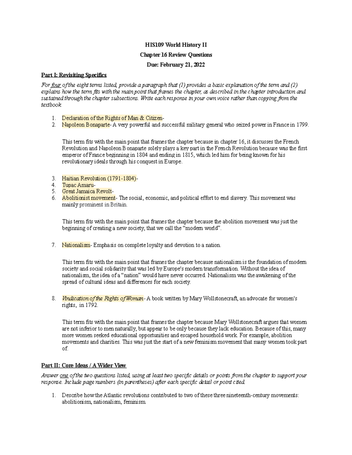 Chapter 16 Review-2 - HIS109 World History II Chapter 16 Review ...