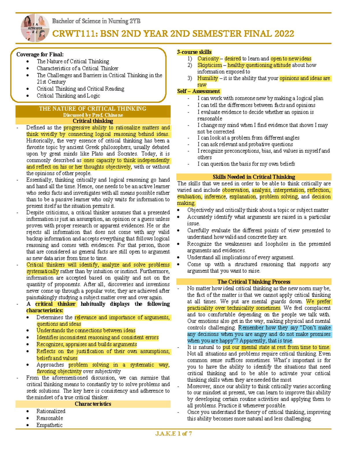 CRWT111 Final - Bachelor of Science in Nursing 2YB CRWT111: BSN 2ND ...