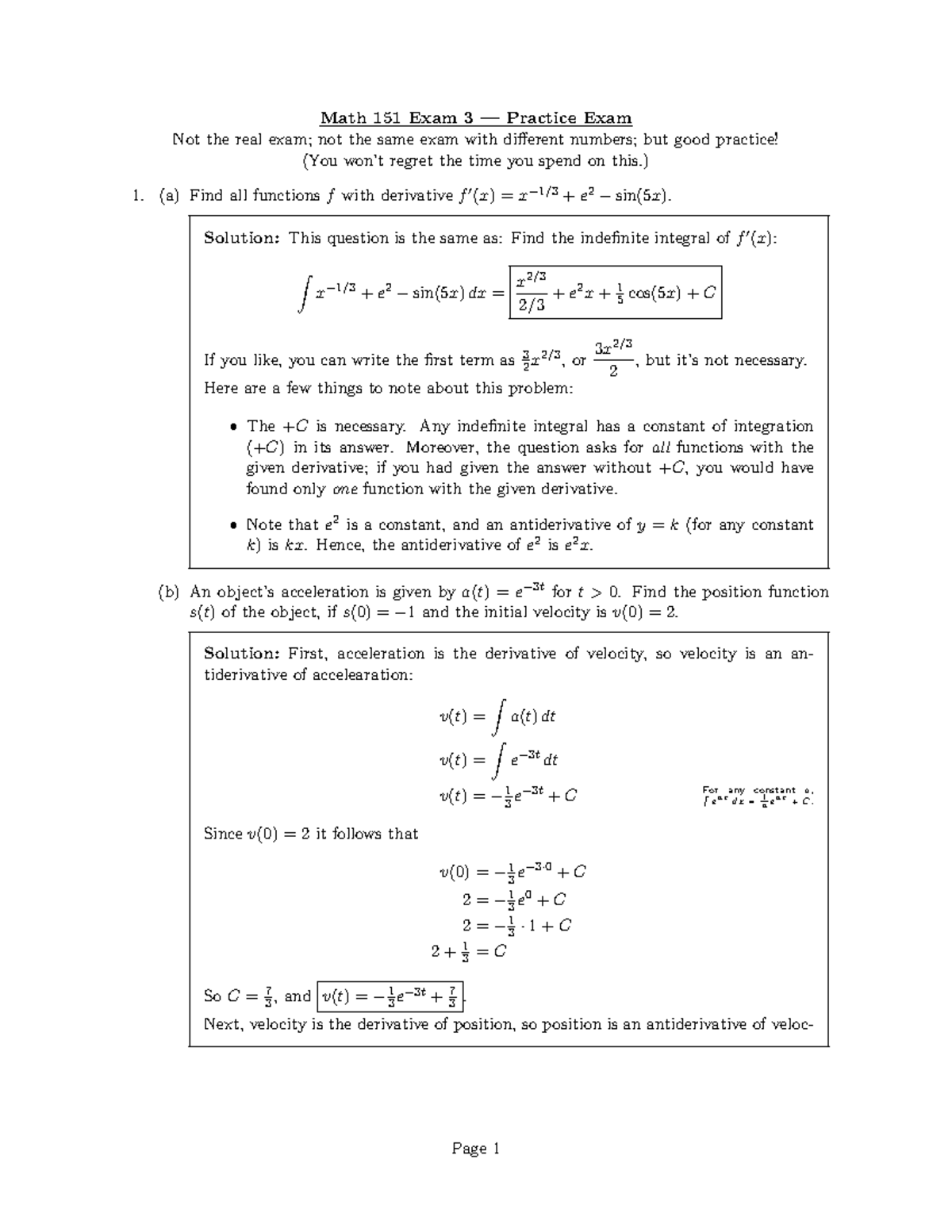 1a Math 151 Exam 3 Practice Exam Solutions Math 151 Exam 3 — Practice Exam Not The Real