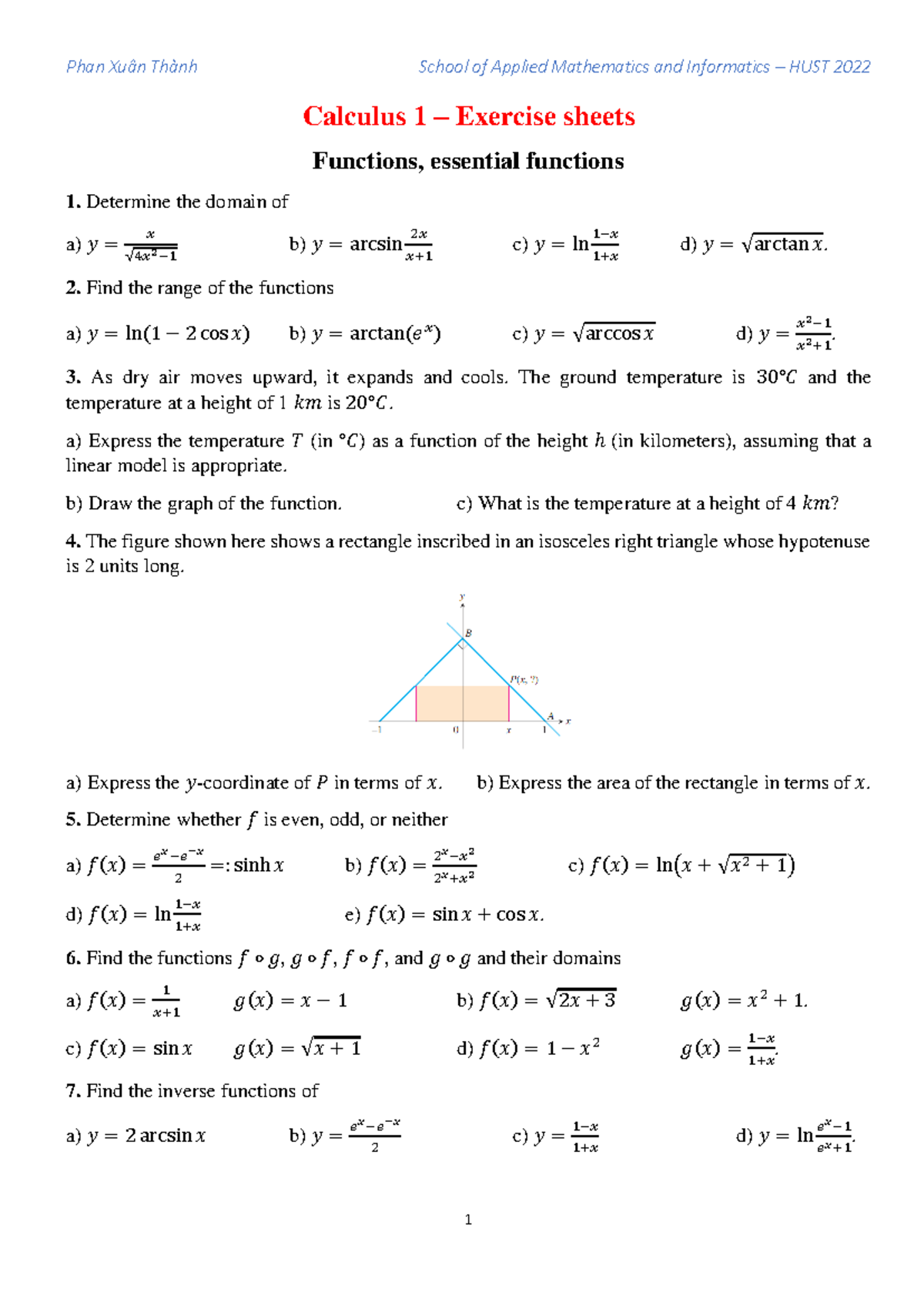 Exercise Calculus 1 PXThanh - Calculus 1 – Exercise sheets Functions ...