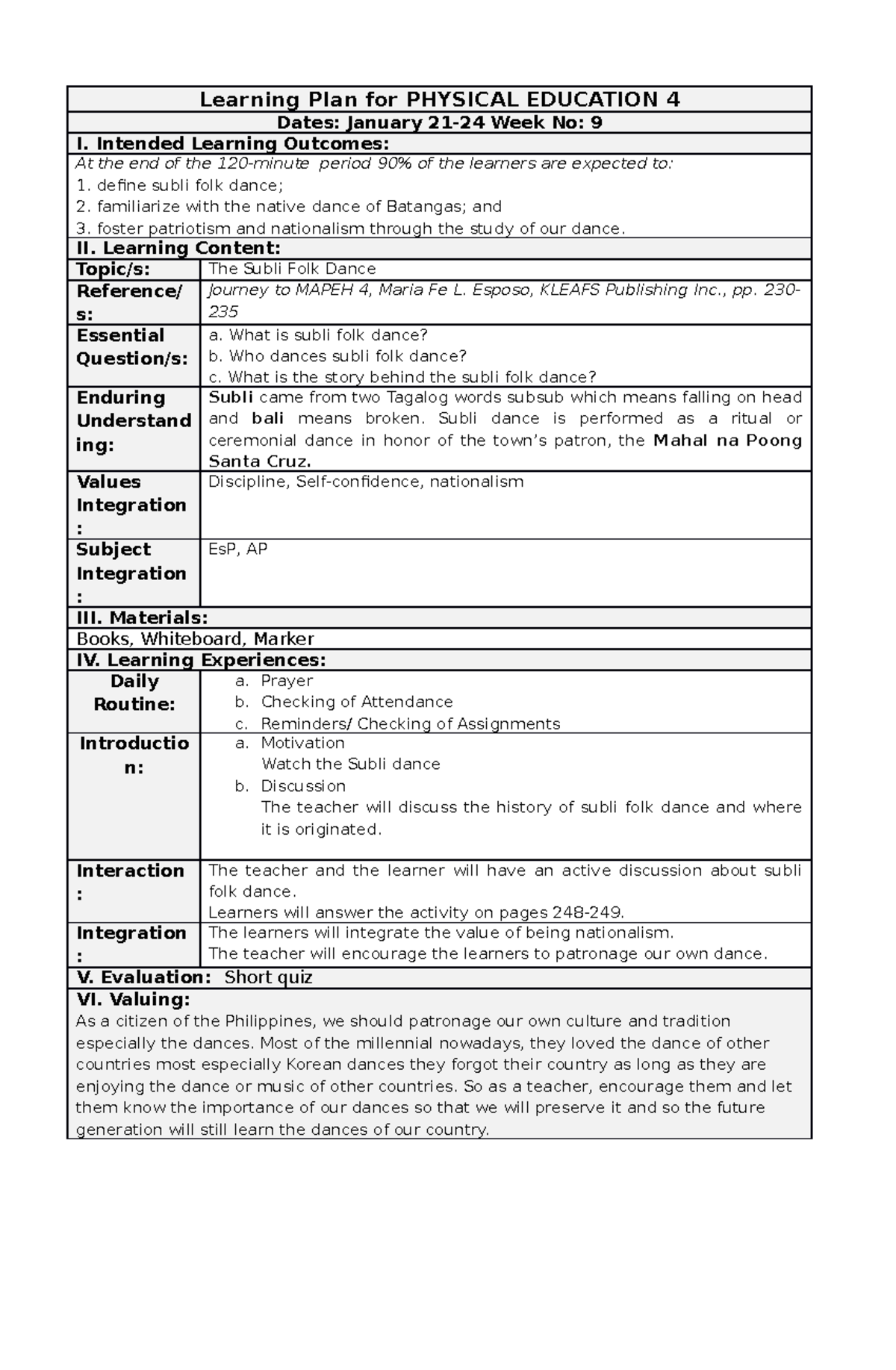Mapeh 4 WEEK 9 Lesson Plan Learning Plan For PHYSICAL EDUCATION 4