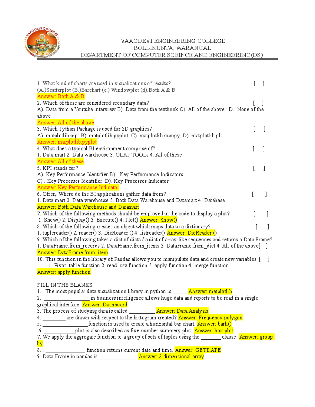 Dvt bit paper - asdfg - VAAGDEVI ENGINEERING COLLEGE BOLLIKUNTA, WARANGAL DEPARTMENT OF COMPUTER ...