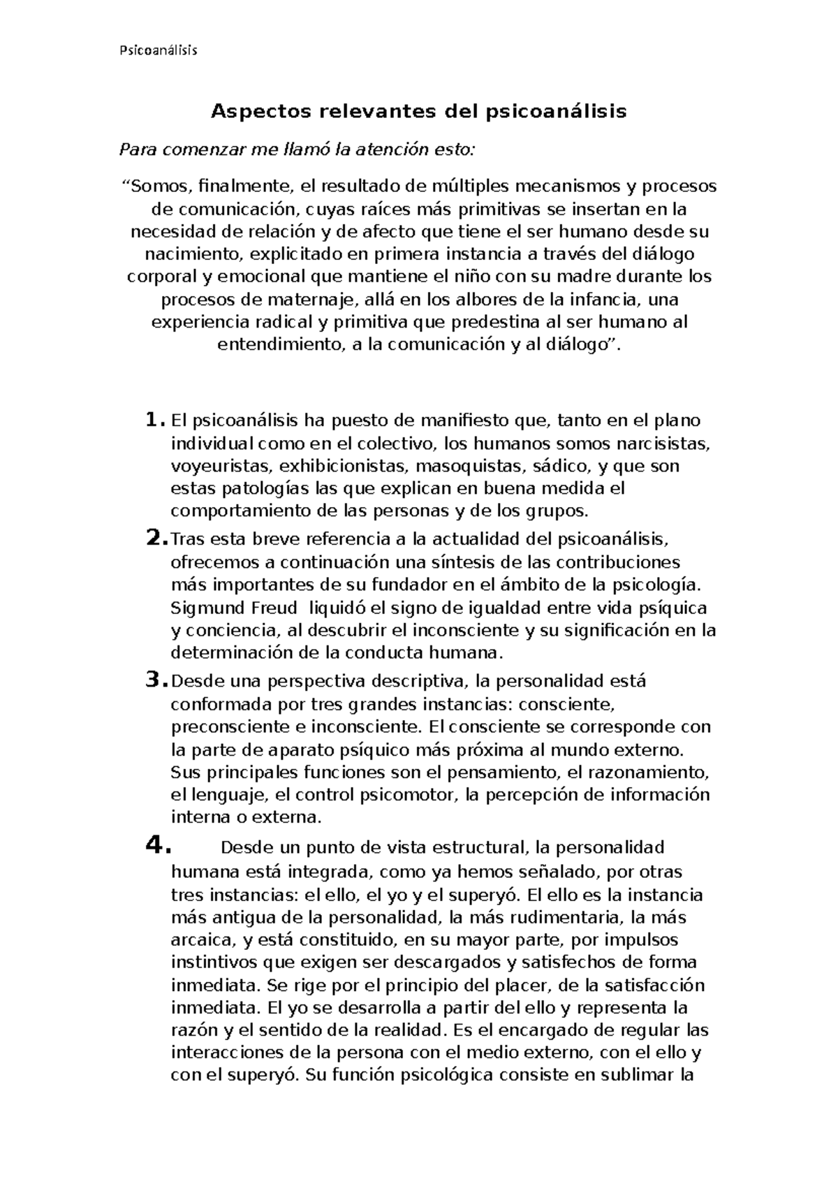 Aspectos relevantes del psicoanálisis - Psicoanálisis Aspectos ...