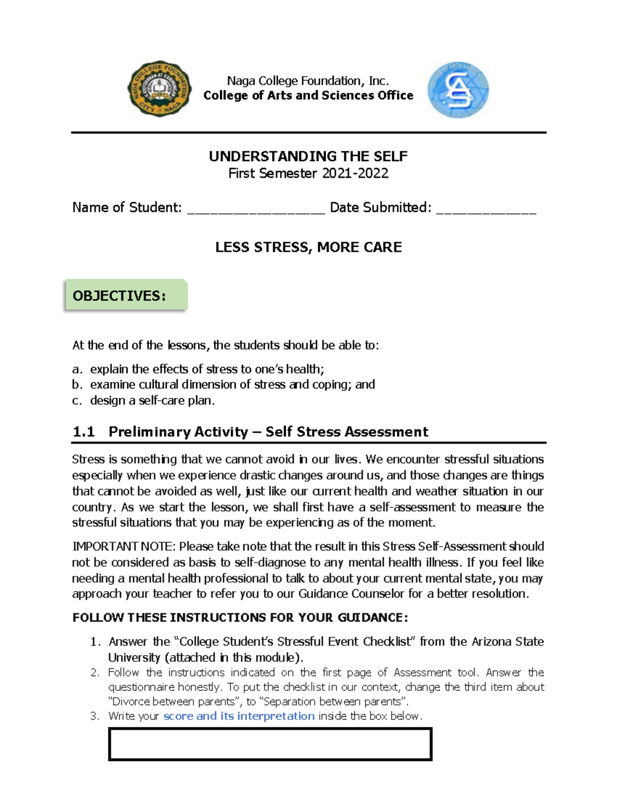 Lesson 1.3 LESS Stress, MORE CARE - Naga College Foundation, Inc ...
