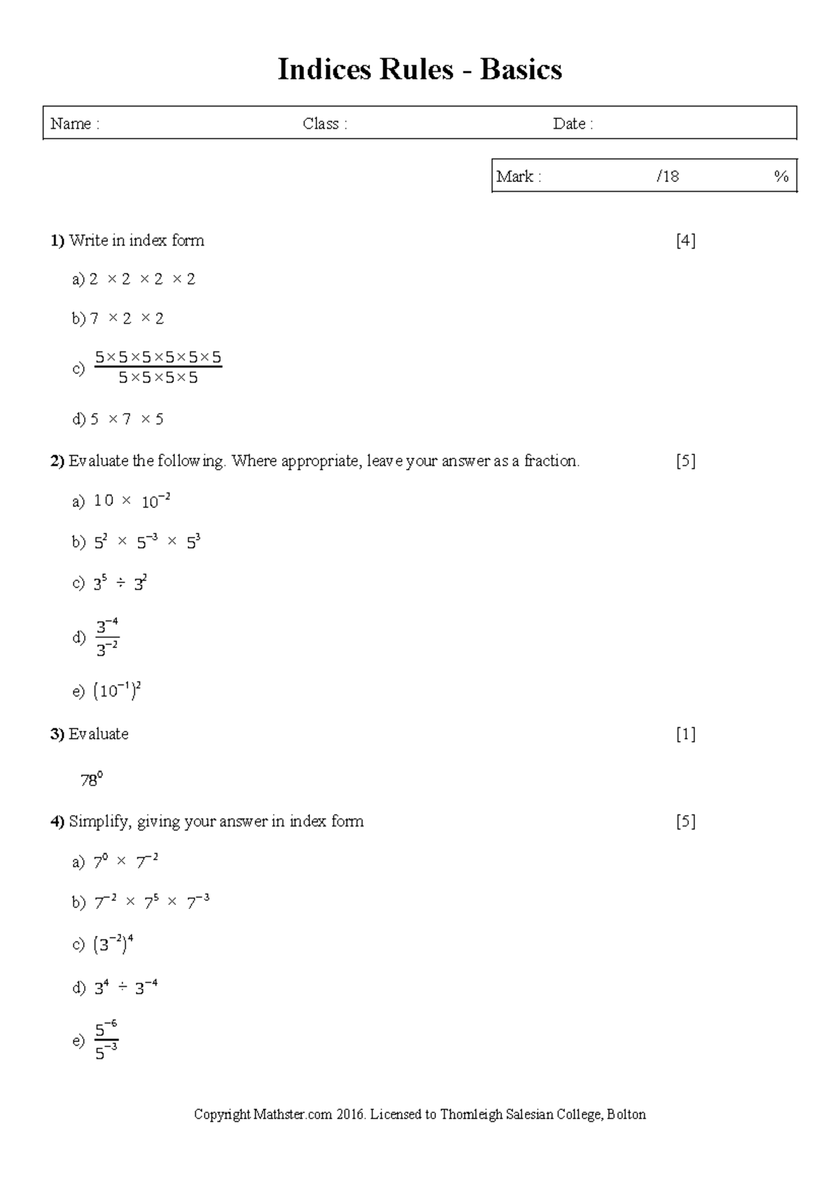 Indices Rules - Basics - 1 - Indices Rules - Basics Name : Class : Date ...