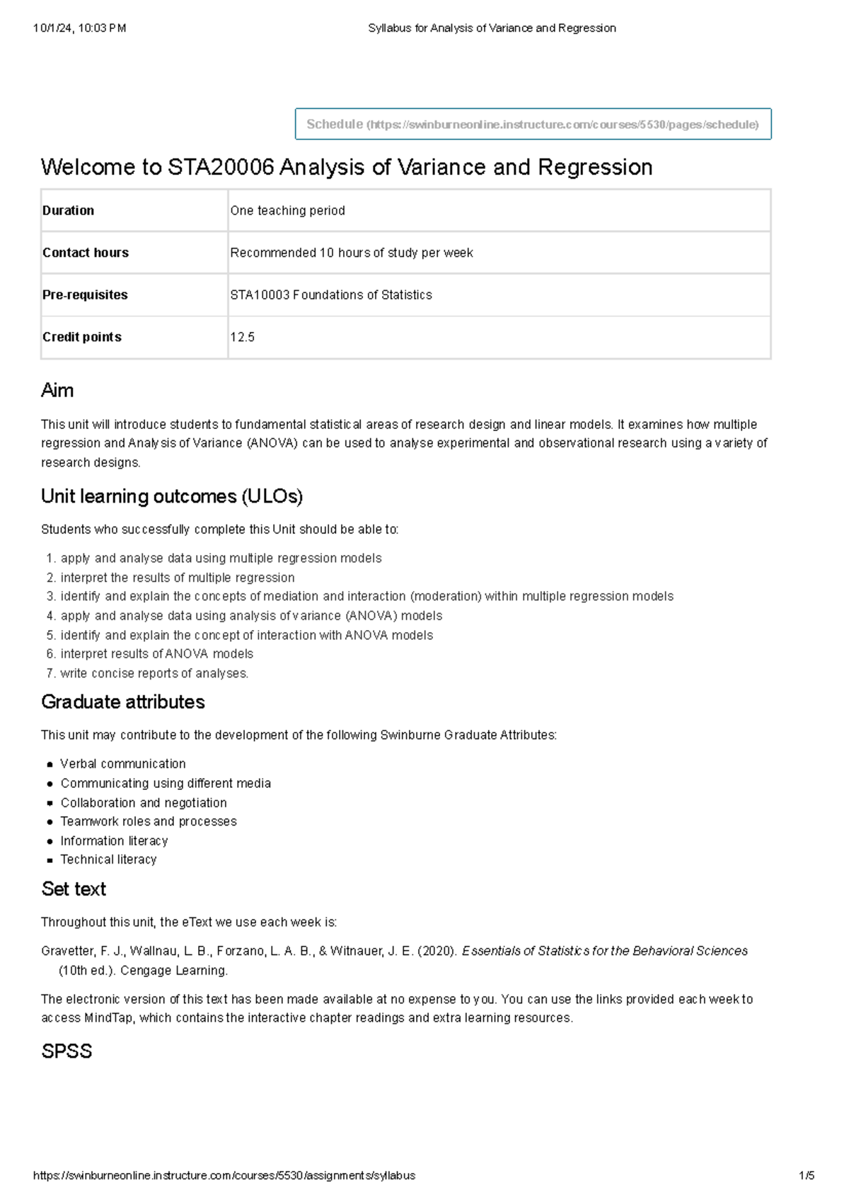 Syllabus for Analysis of Variance and Regression - Welcome to STA20006 Analysis of Variance and ...