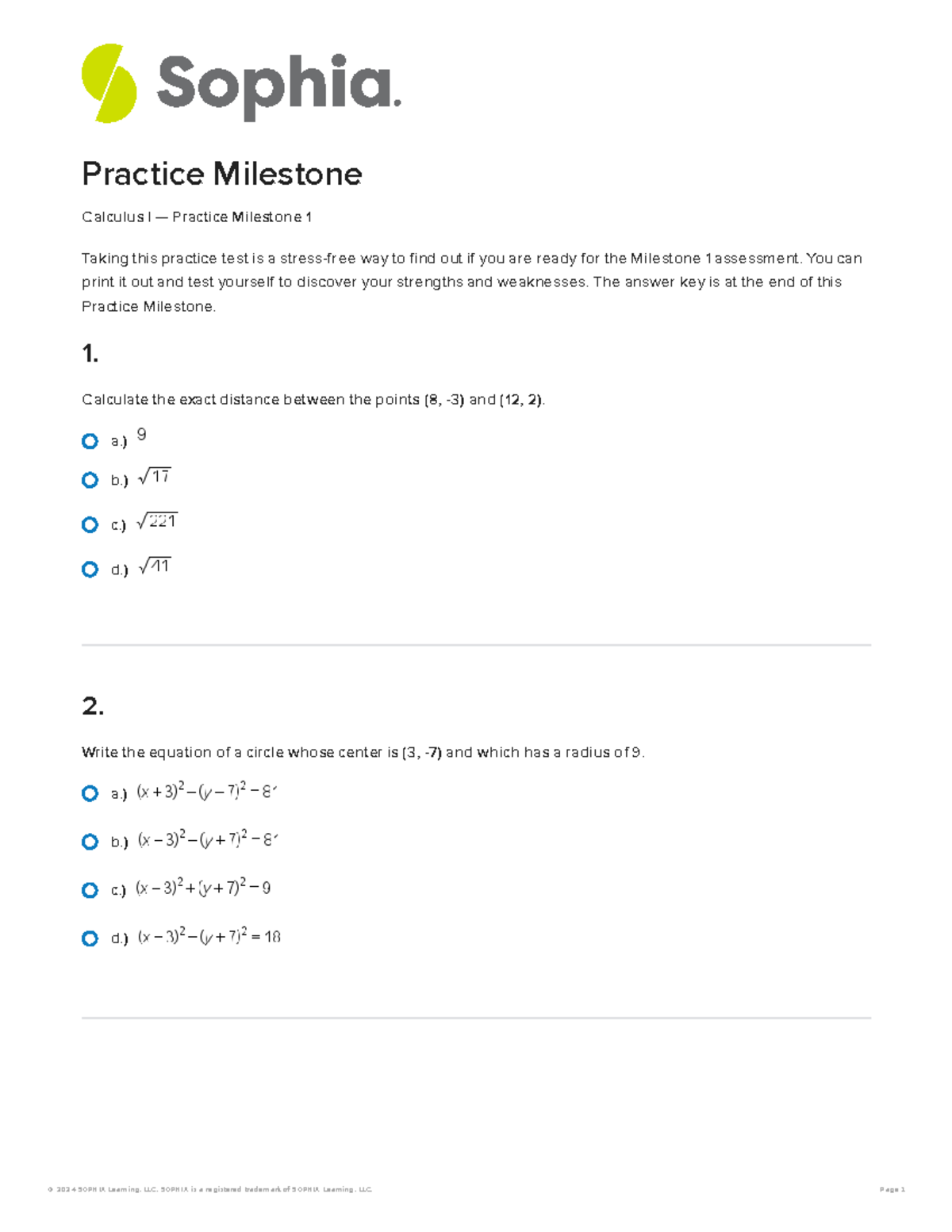 Math1040 unit 1 practice milestone - a.) b.) c.) d.) a.) b.) c.) d ...