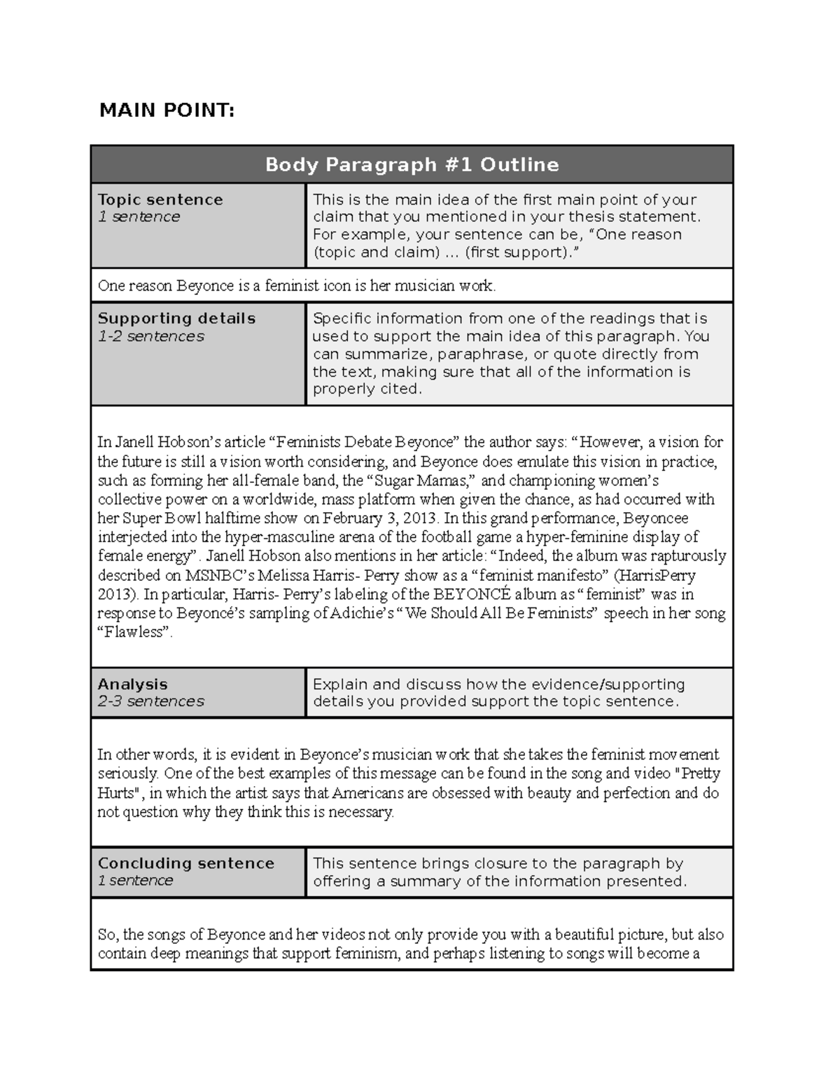 Body Paragraphs Outline - MAIN POINT: Body Paragraph #1 Outline Topic ...
