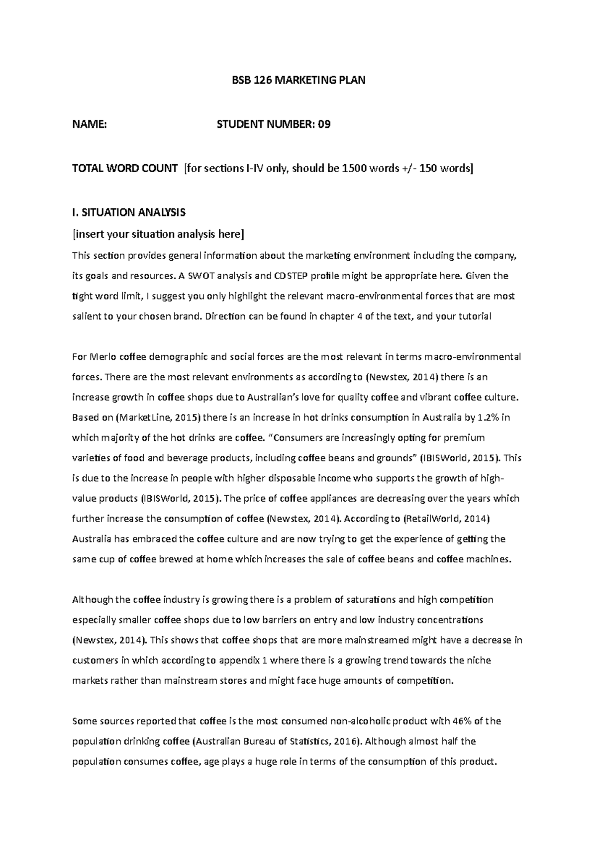 BSB126 Marketing Plan Submission Template - BSB 126 MARKETING PLAN NAME: STUDENT NUMBER: 09 ...