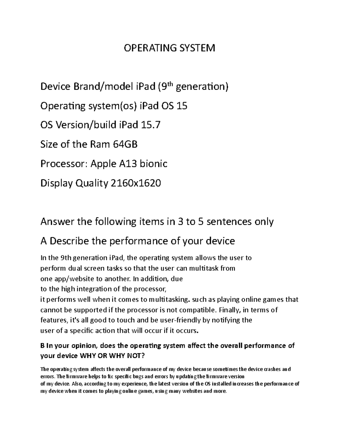 Operating System - sadasd - OPERATING SYSTEM Device Brand/model iPad ...