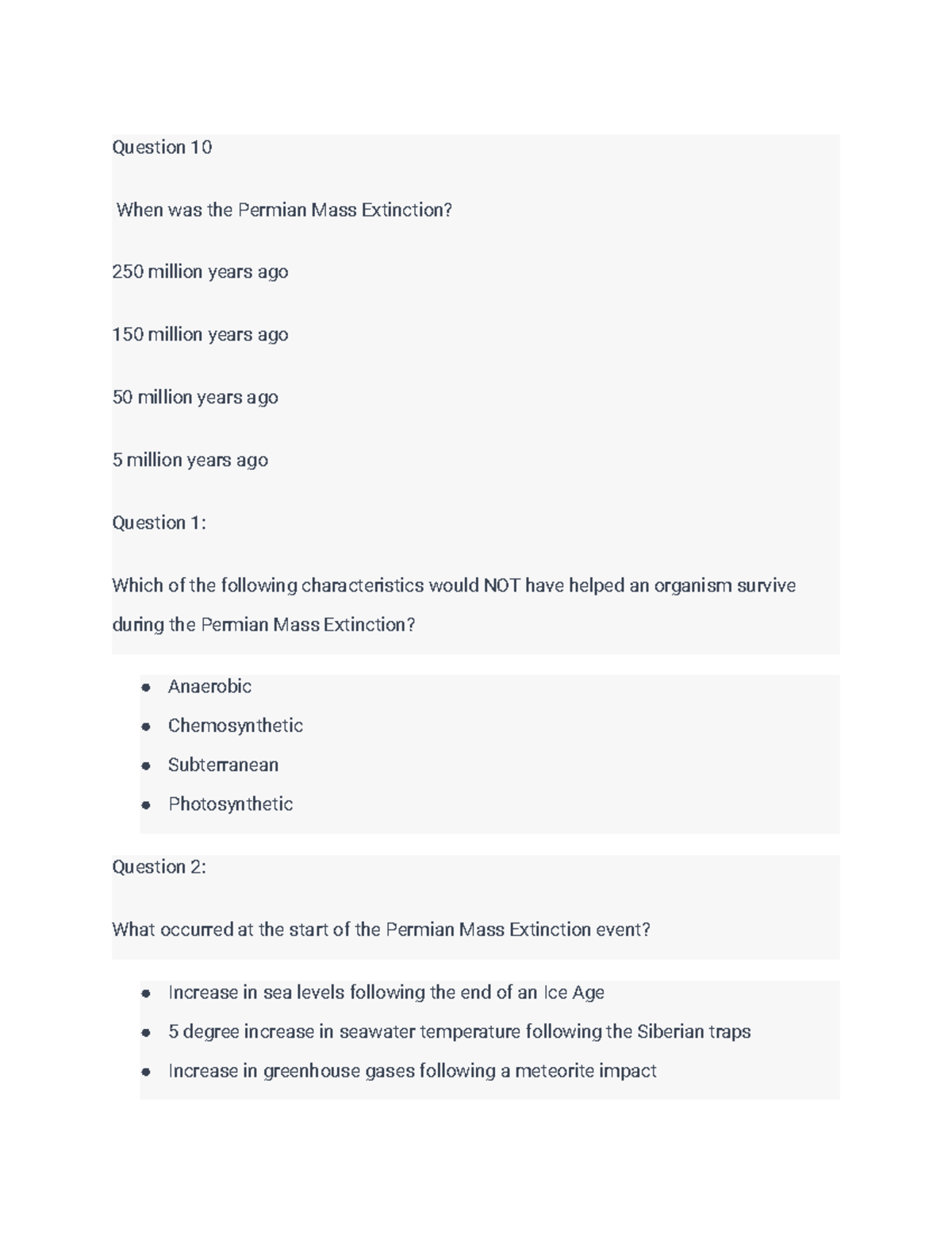 Marine biogeography quiz content mass extinction - Question 10 When was ...