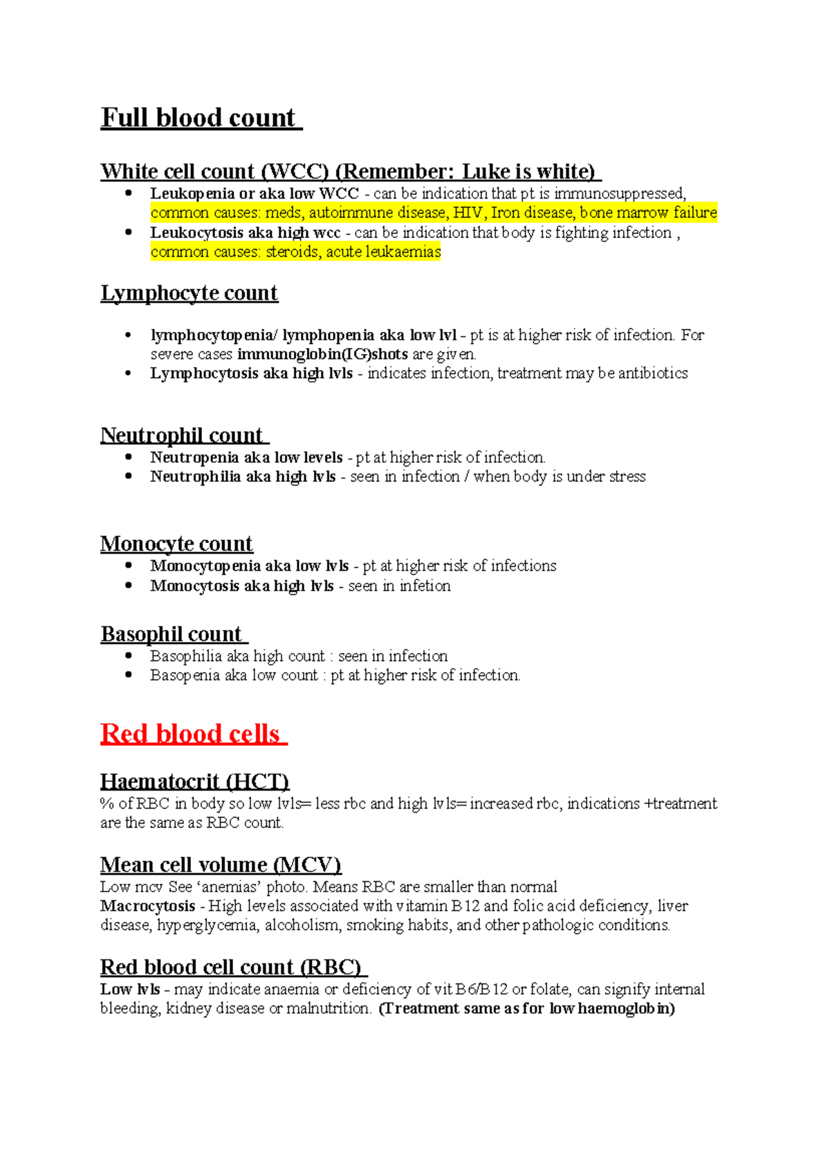 Complex case guide - Full blood count White cell count (WCC) (Remember ...