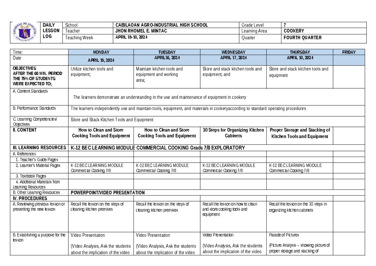 TLE 7 Cookery WEEK 3 - Daily lesson log - DAILY LESSON LOG School ...