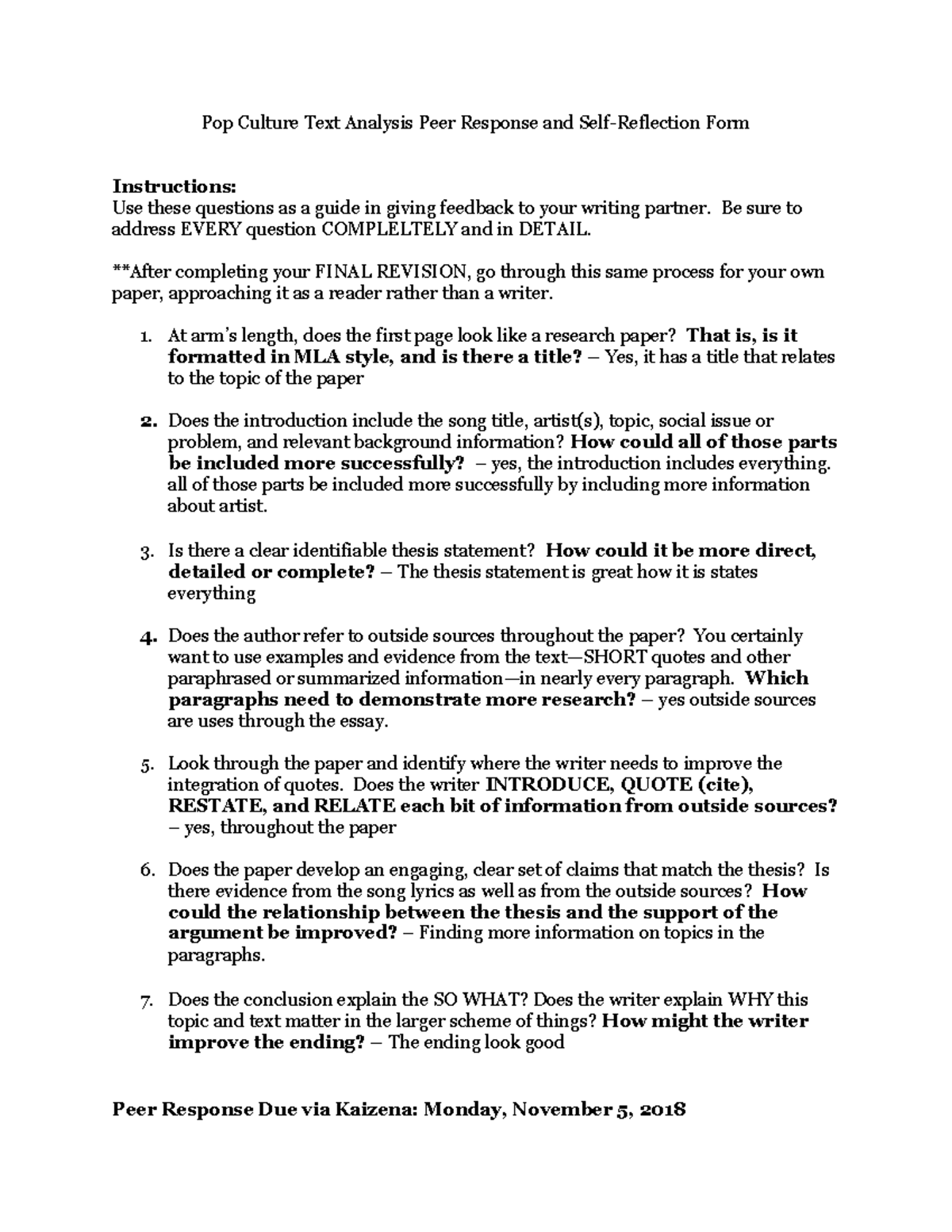 Pop Culture Text Analysis Peer Response and Self Reflection - Pop ...